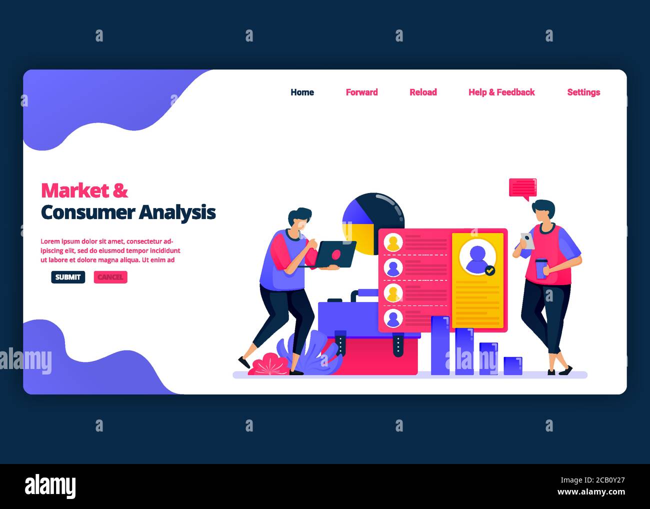 Vector cartoon banner template for market and customer analysis with ...