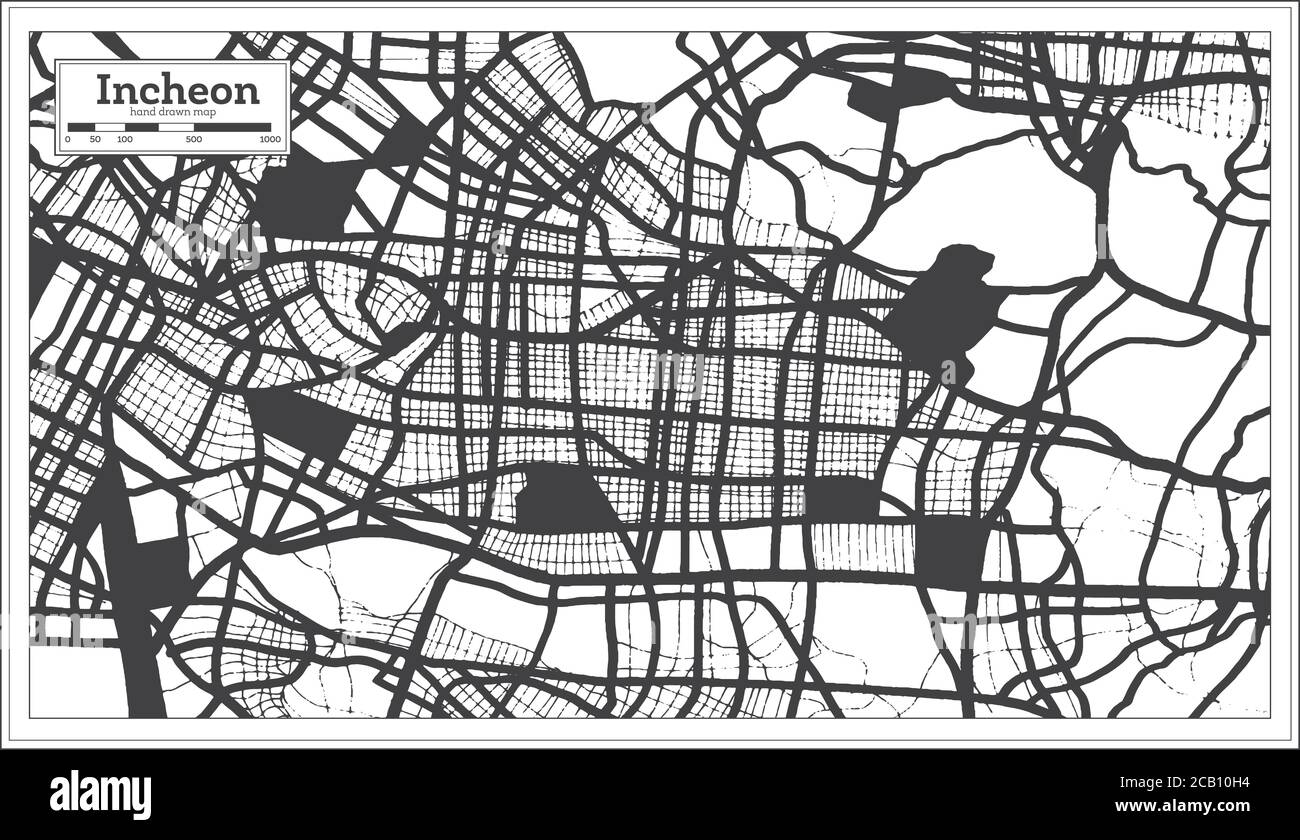 Incheon South Korea City Map in Black and White Color in Retro Style ...