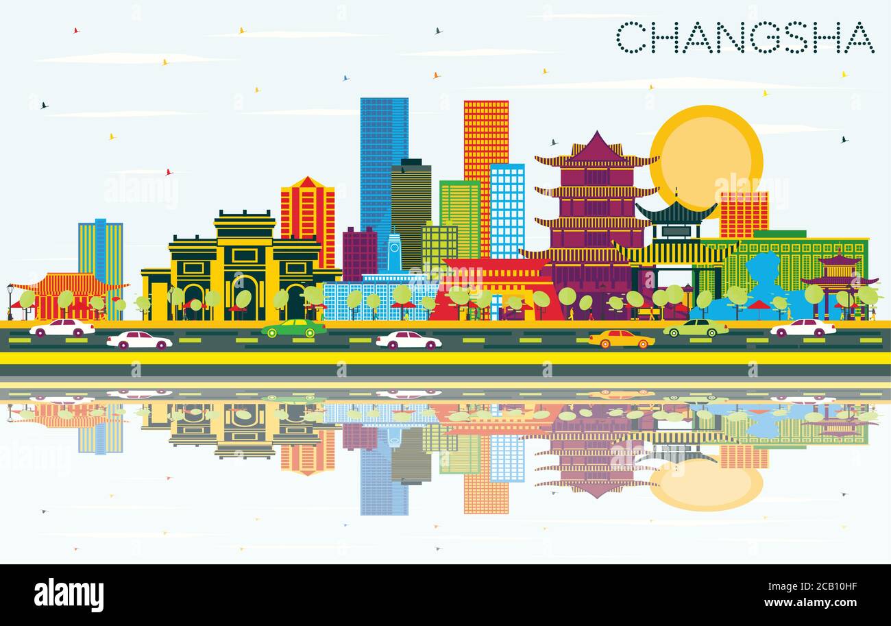 Changsha China City Skyline with Color Buildings, Blue Sky and ...