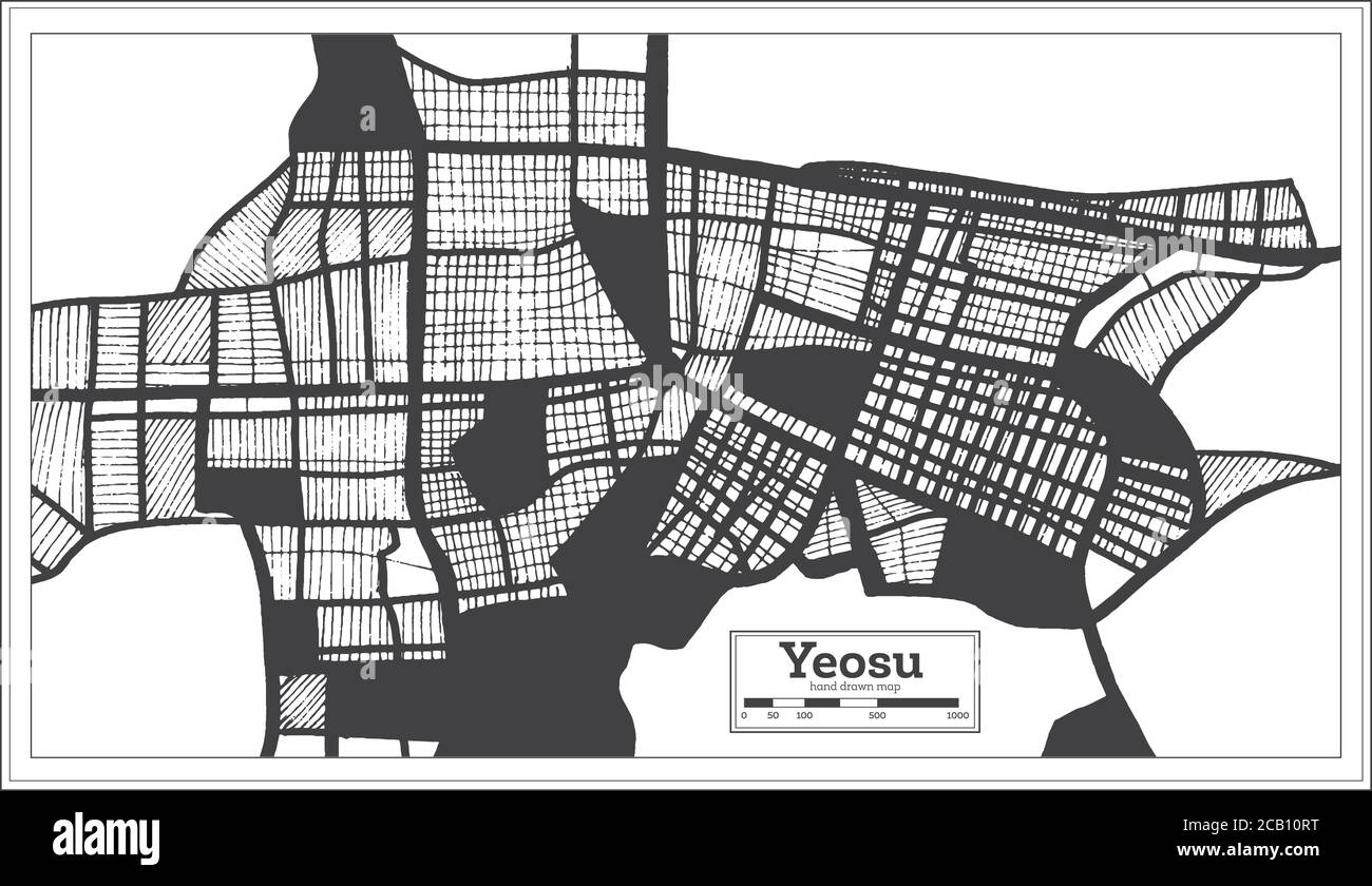 Yeosu South Korea City Map in Black and White Color in Retro Style ...