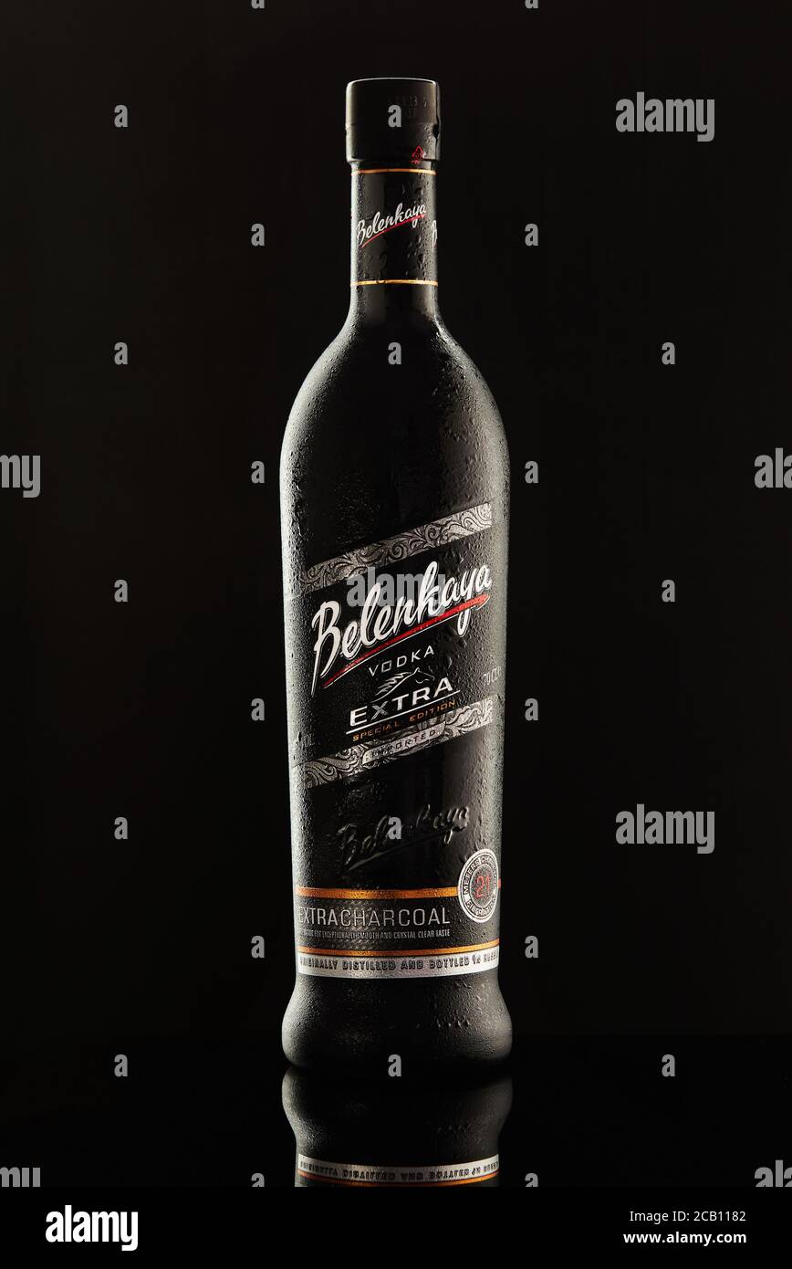 Tel Aviv, Israel - August 2, 2020: A bottle of elite "Belenkaya" vodka ...