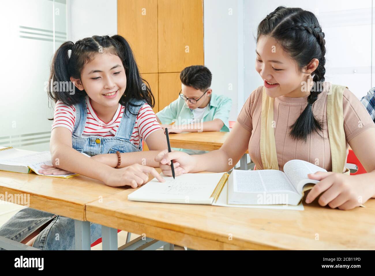 Smiling Asian teenage girl helping classmate with doing school project ...
