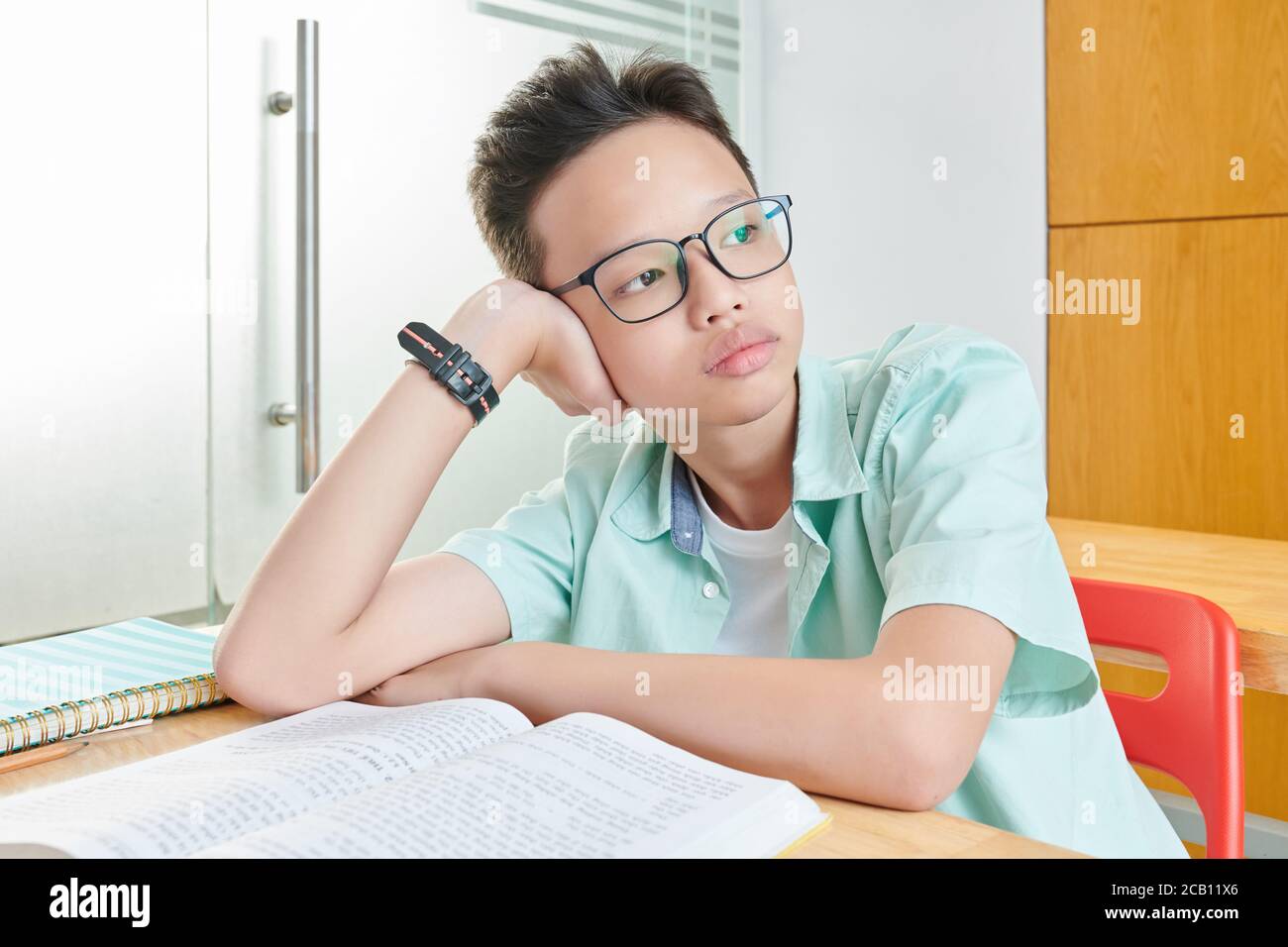 Portrait of pensive bored Vietnamese schoolboy in glasses leaning on ...