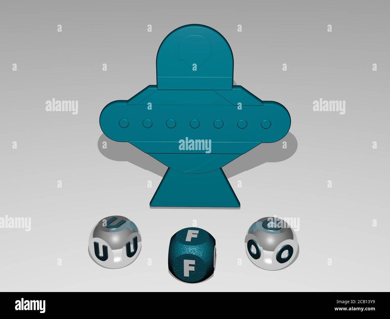 UFO round text of cubic letters around 3D icon. 3D illustration. alien ...