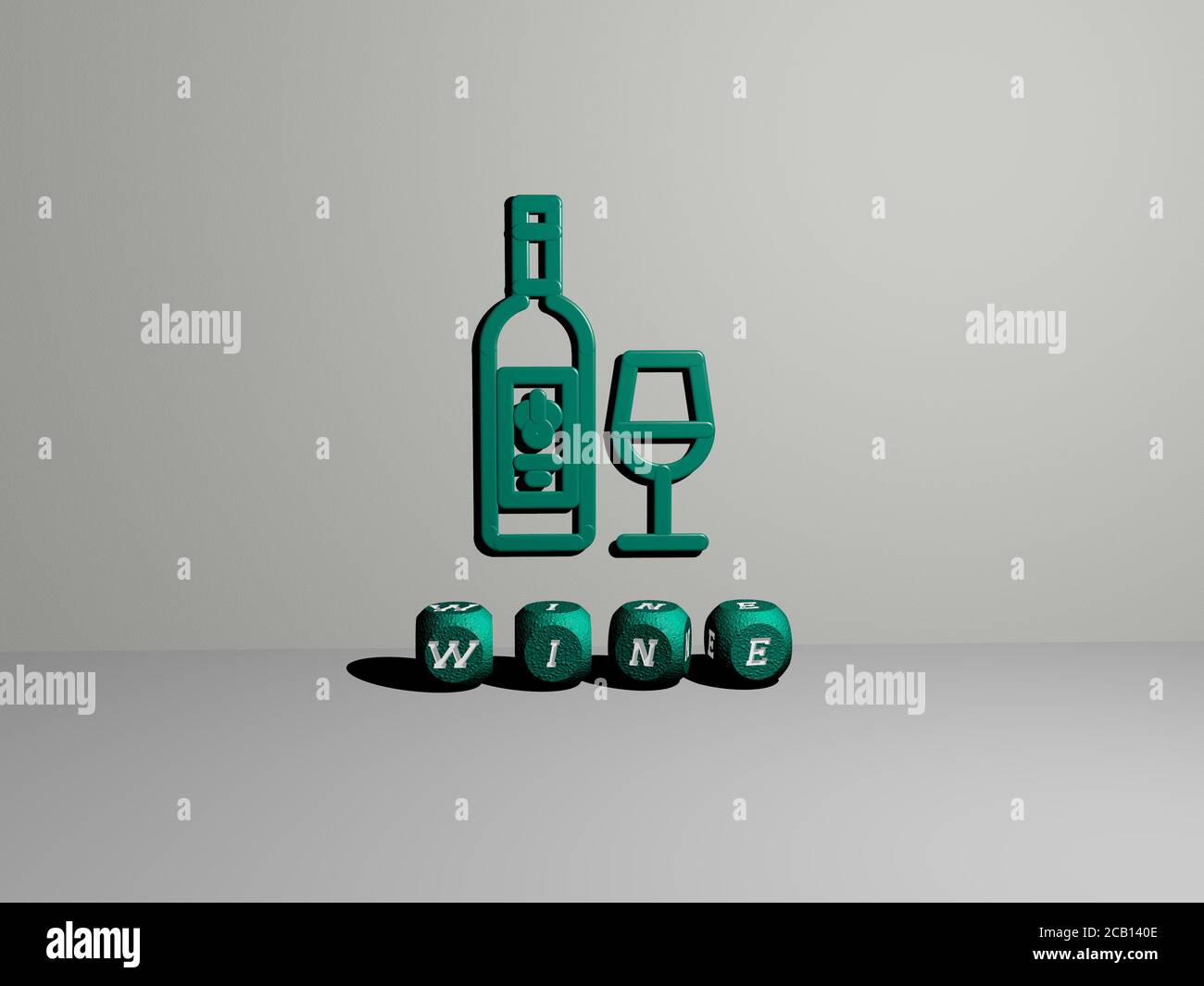 wine 3D icon on the wall and text of cubic alphabets on the floor. 3D ...
