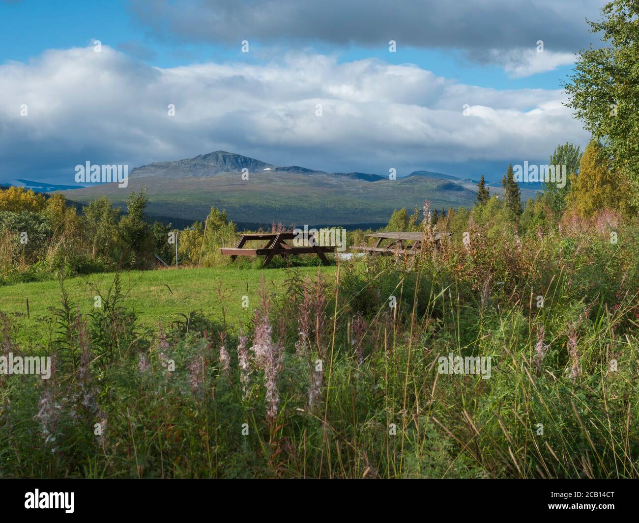 Wooden picninc tables with view on beautiful landscape of Sarek ...