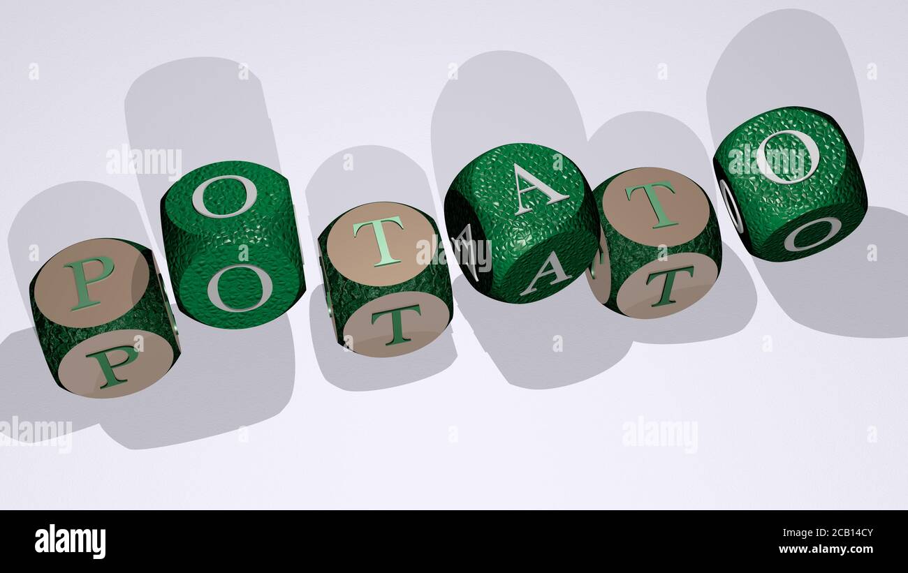 POTATO text by dancing dice letters. 3D illustration. food and ...