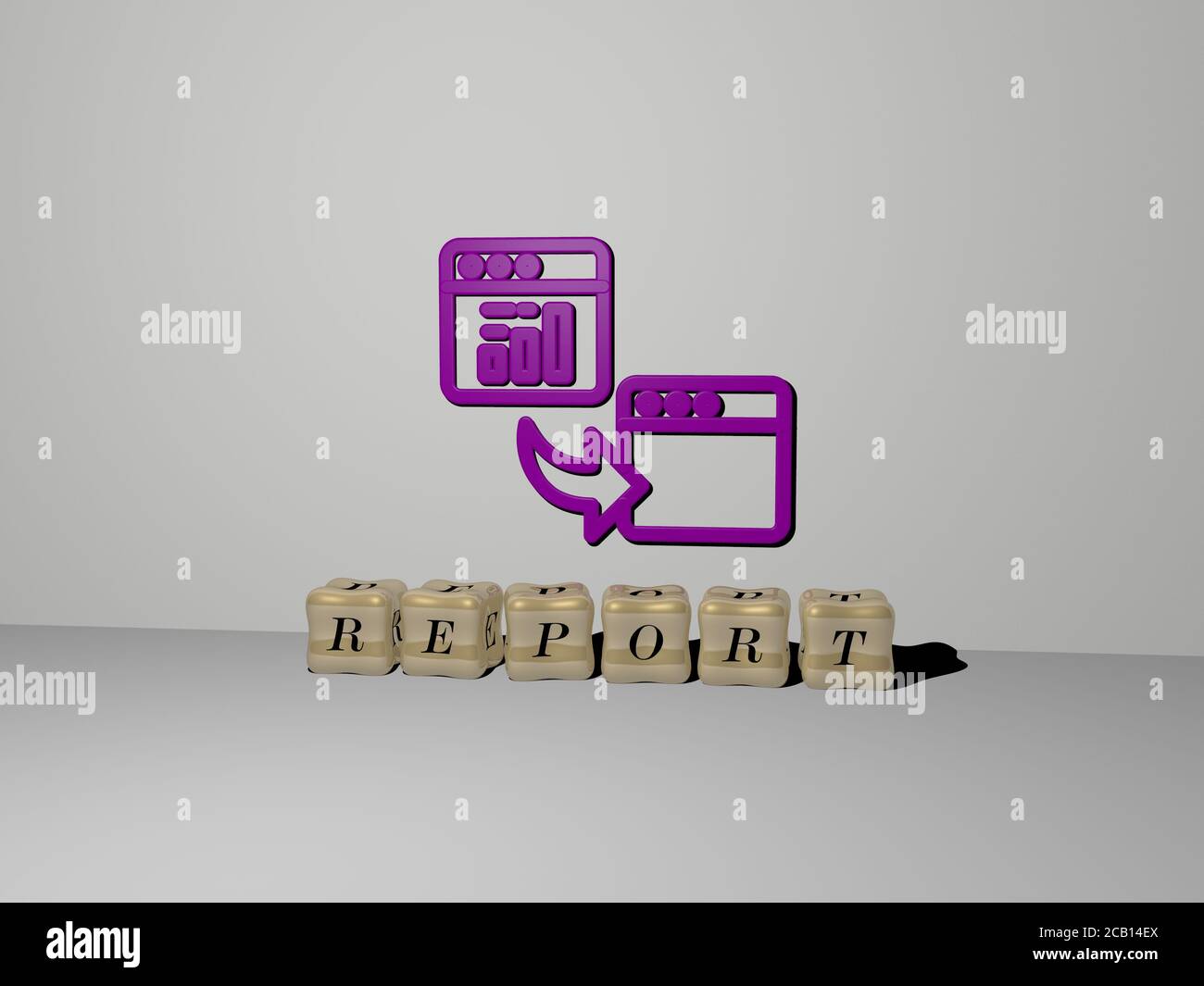 report 3D icon on the wall and cubic letters on the floor. 3D ...