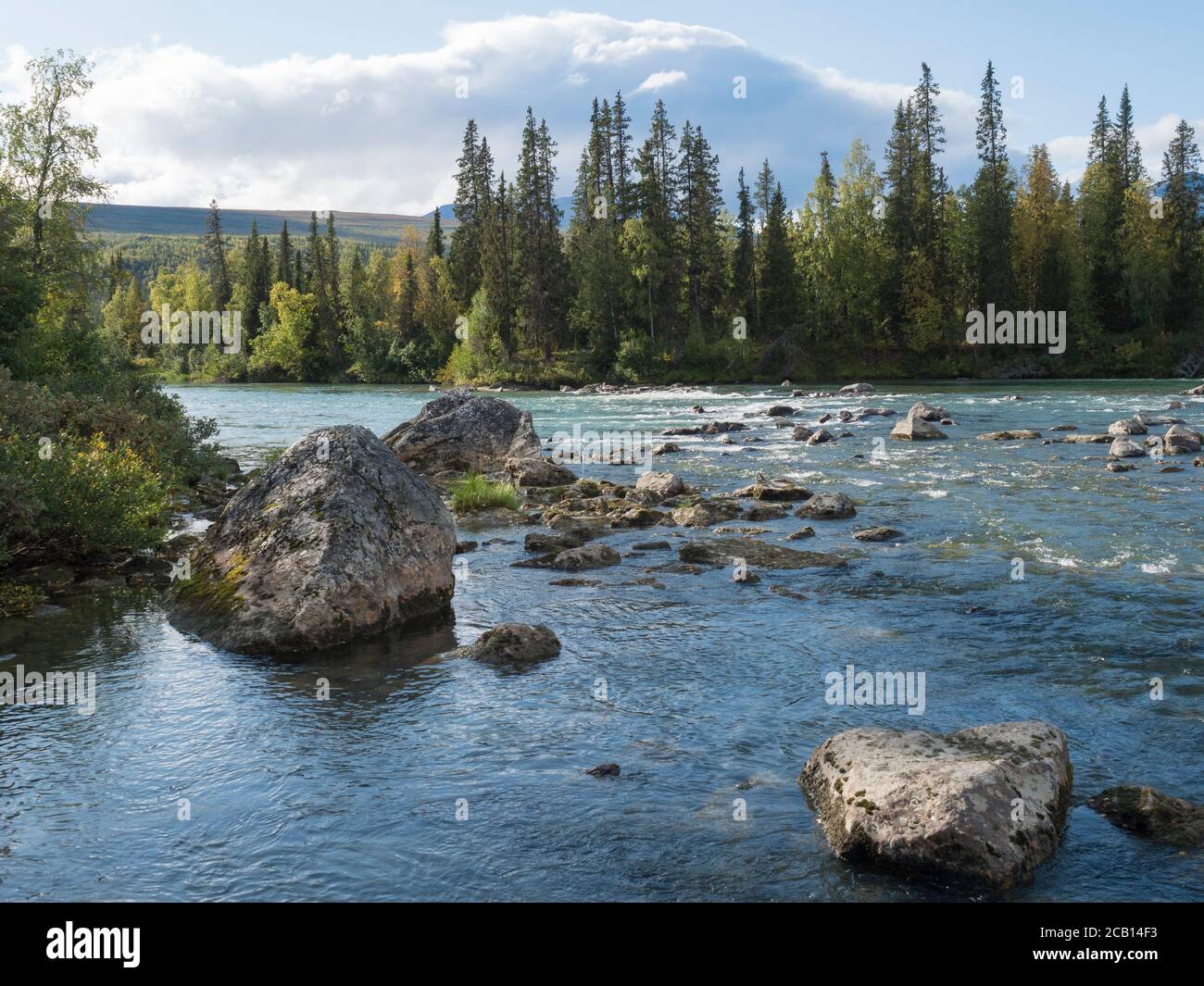 Beautiful northern landscape with azure blue river Kamajokk, mountains ...