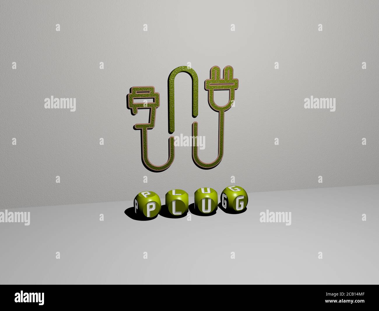 3D illustration of plug graphics and text made by metallic dice letters ...