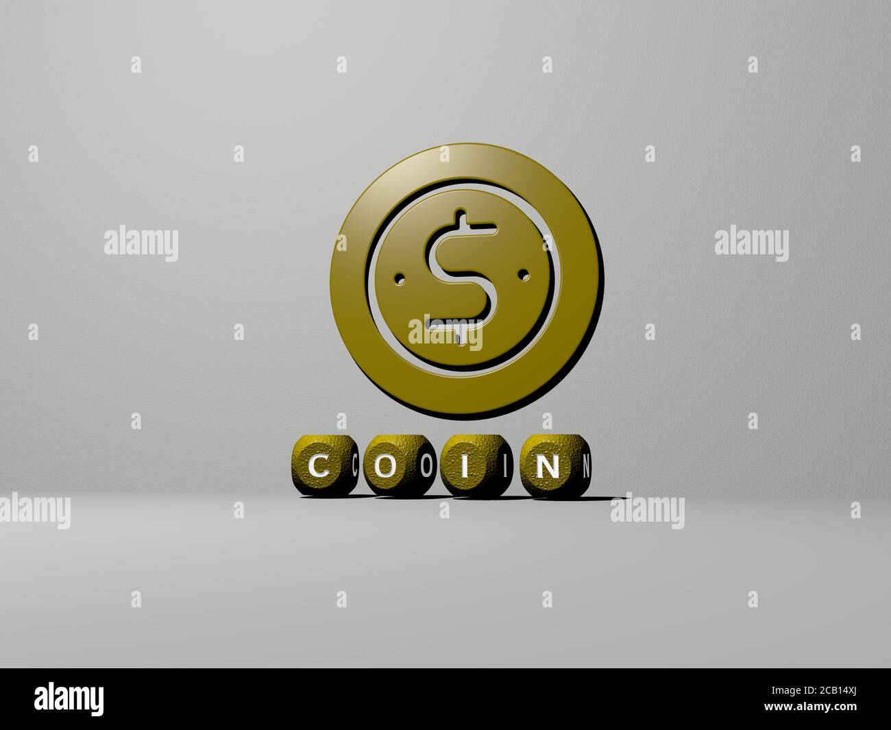 COIN 3D icon on the wall and text of cubic alphabets on the floor. 3D ...