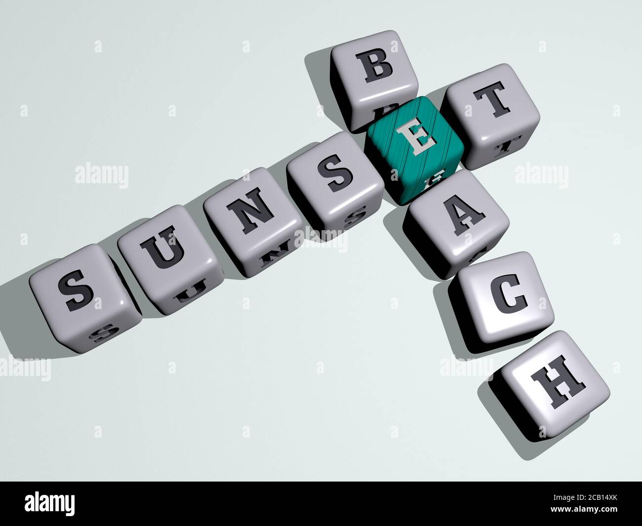 SUNSET BEACH crossword by cubic dice letters. 3D illustration ...
