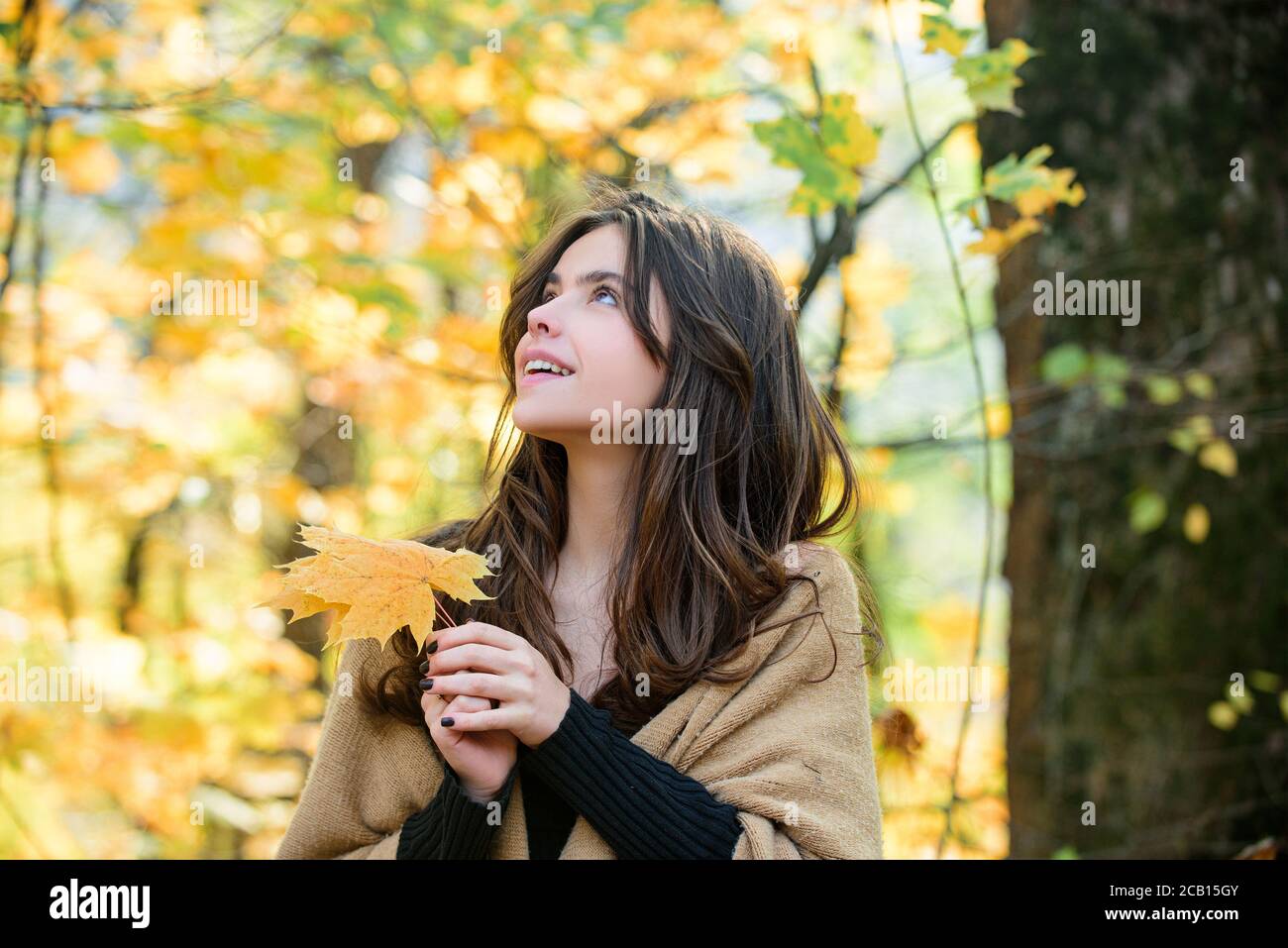 Fall season mood. Autumn beauty. Woman fashion model with fall maple ...