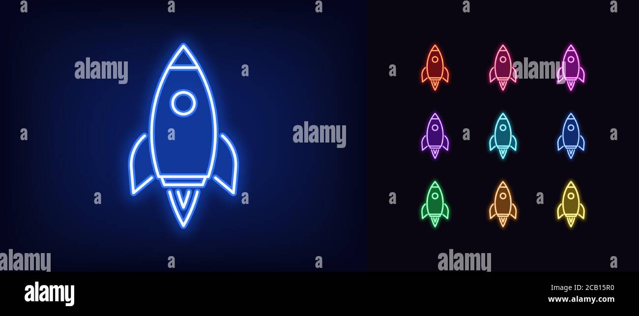 Neon rocket icon. Glowing neon spacecraft sign, spaceship flight in ...