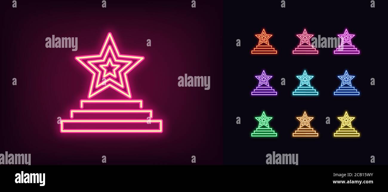 Neon star podium icon. Glowing neon star sign on pedestal, award ...