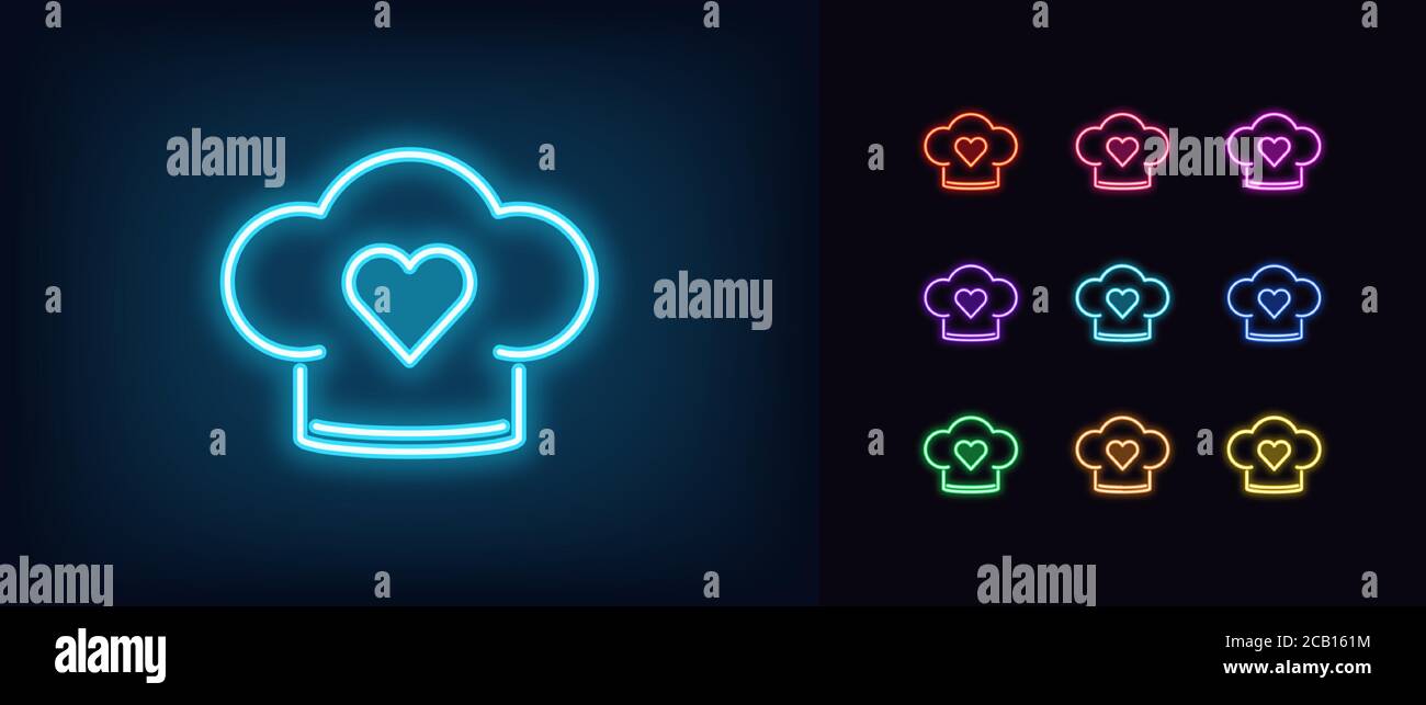 Neon chef hat icon. Glowing neon chef cap with heart, bakery sign in ...