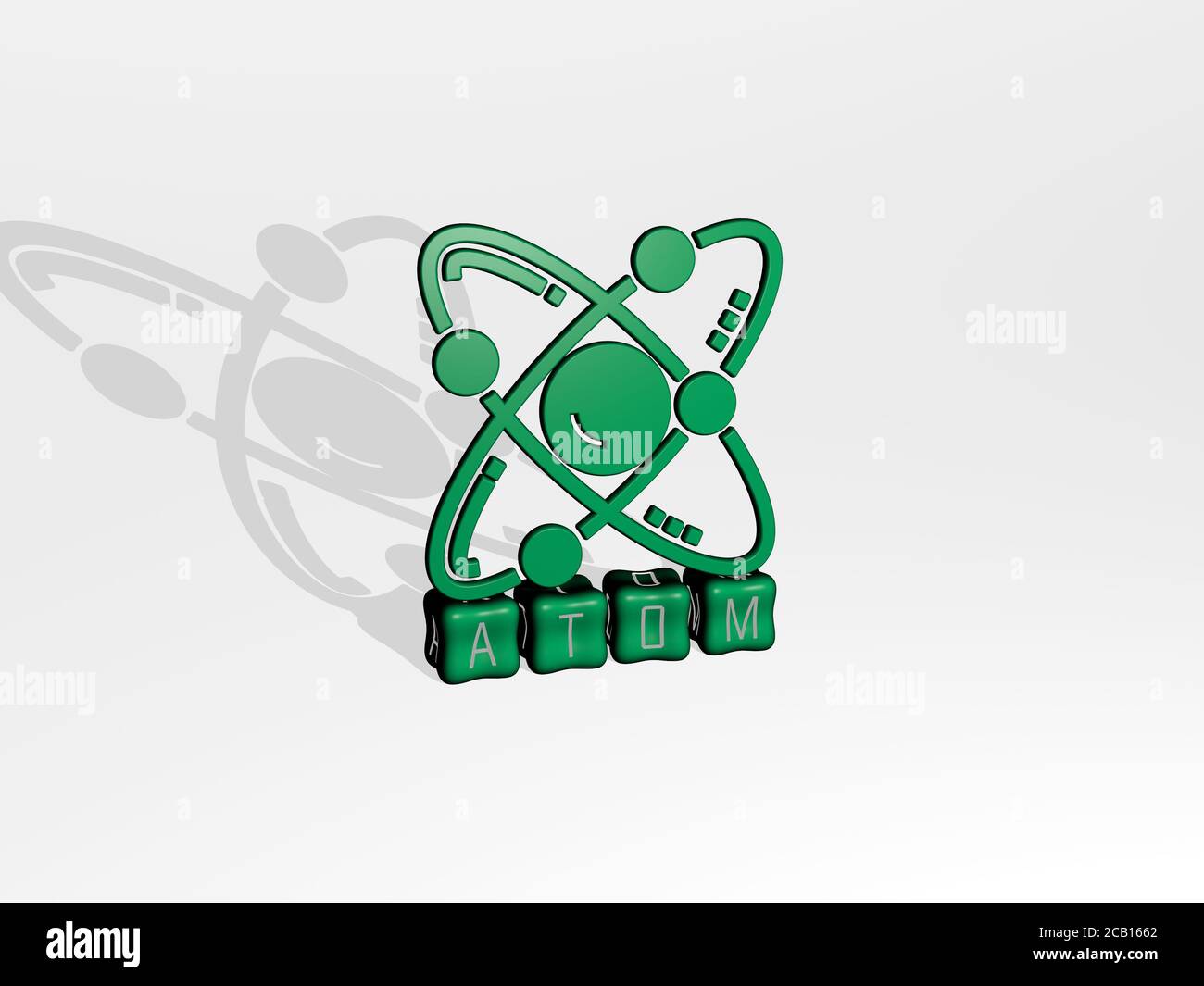 atom 3D icon object on text of cubic letters. 3D illustration ...