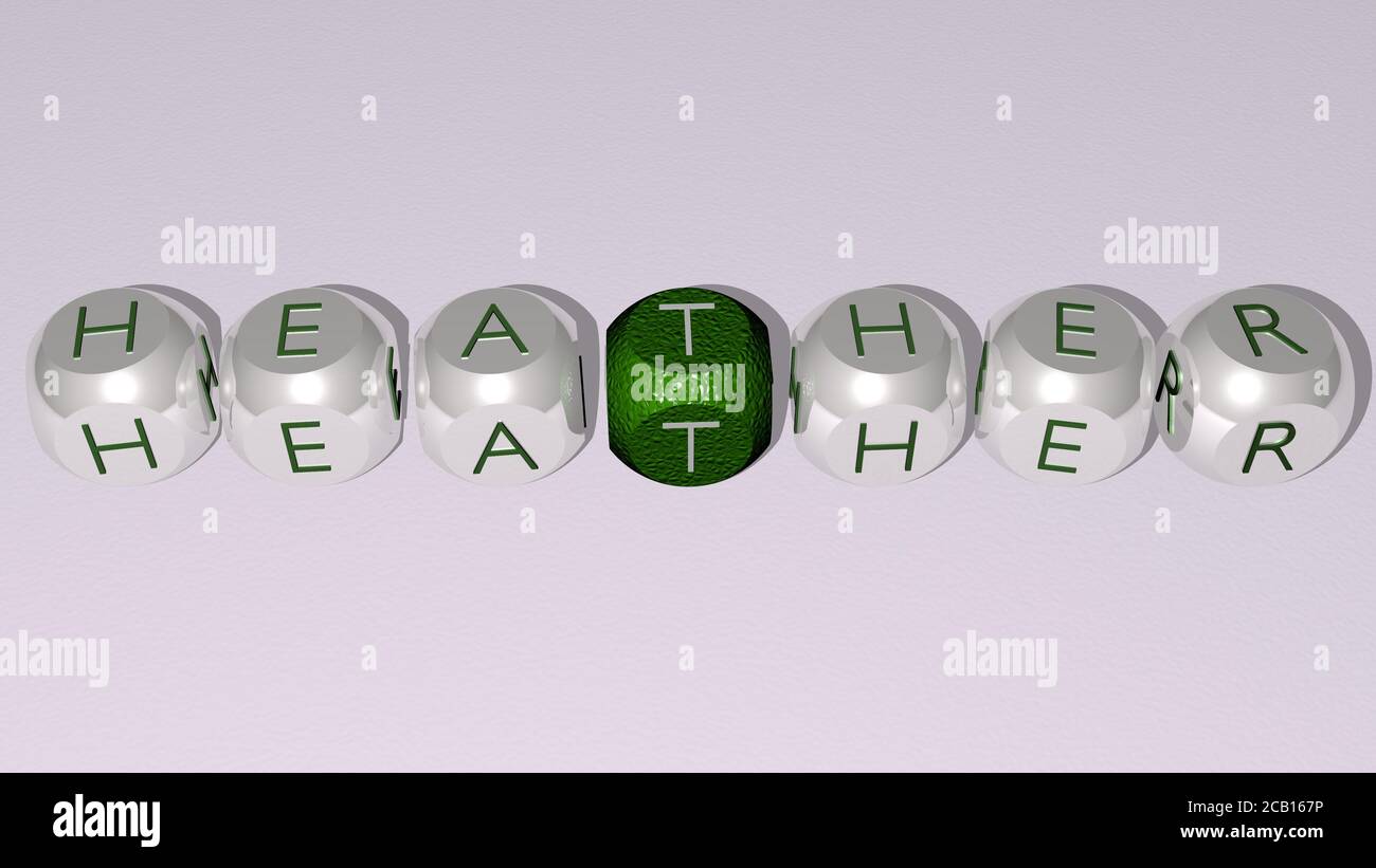 HEATHER text by cubic dice letters. 3D illustration. background and ...