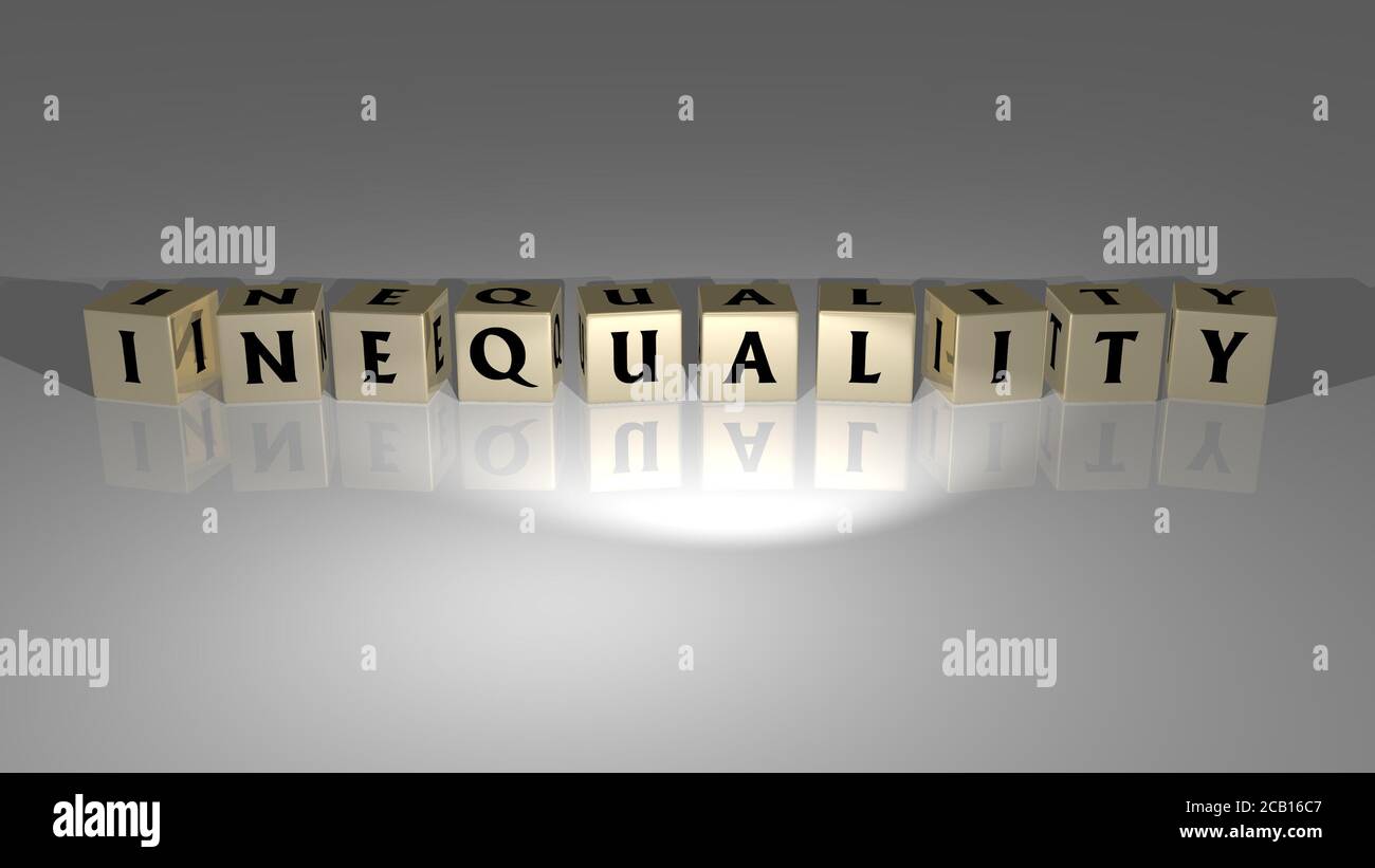 INEQUALITY text of cubic dice letters on the floor and 3D icon on the ...