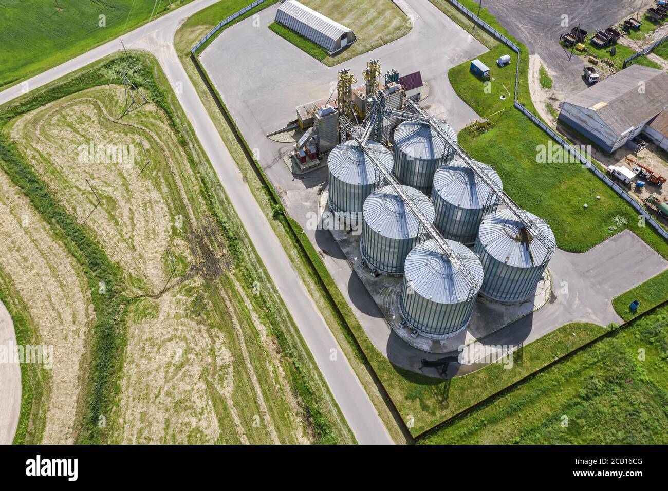 grain elevator. large modern granary on the farm. aerial view from ...