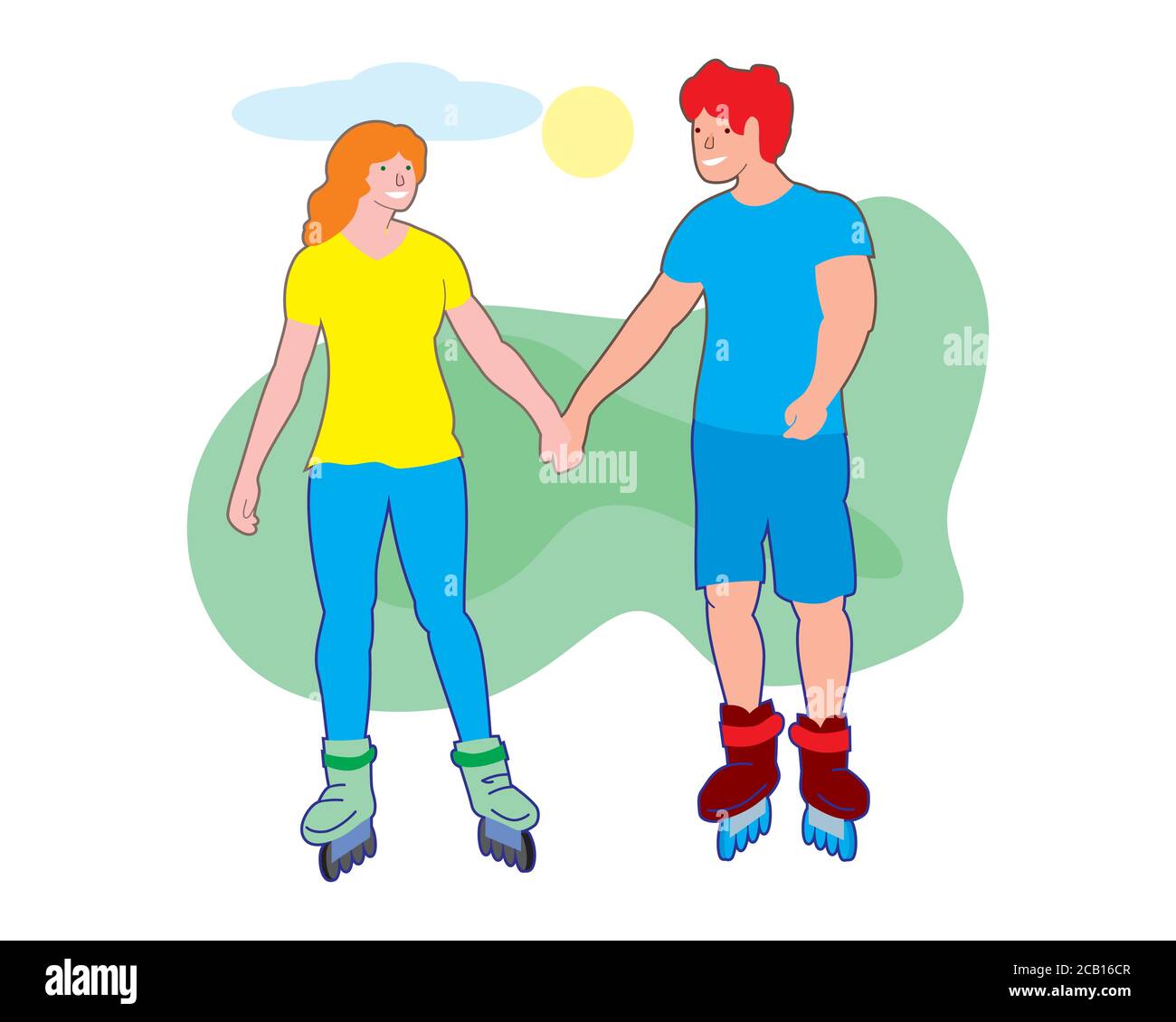 Girl and guy on roller skates, couple of happy teens on roller skates ...