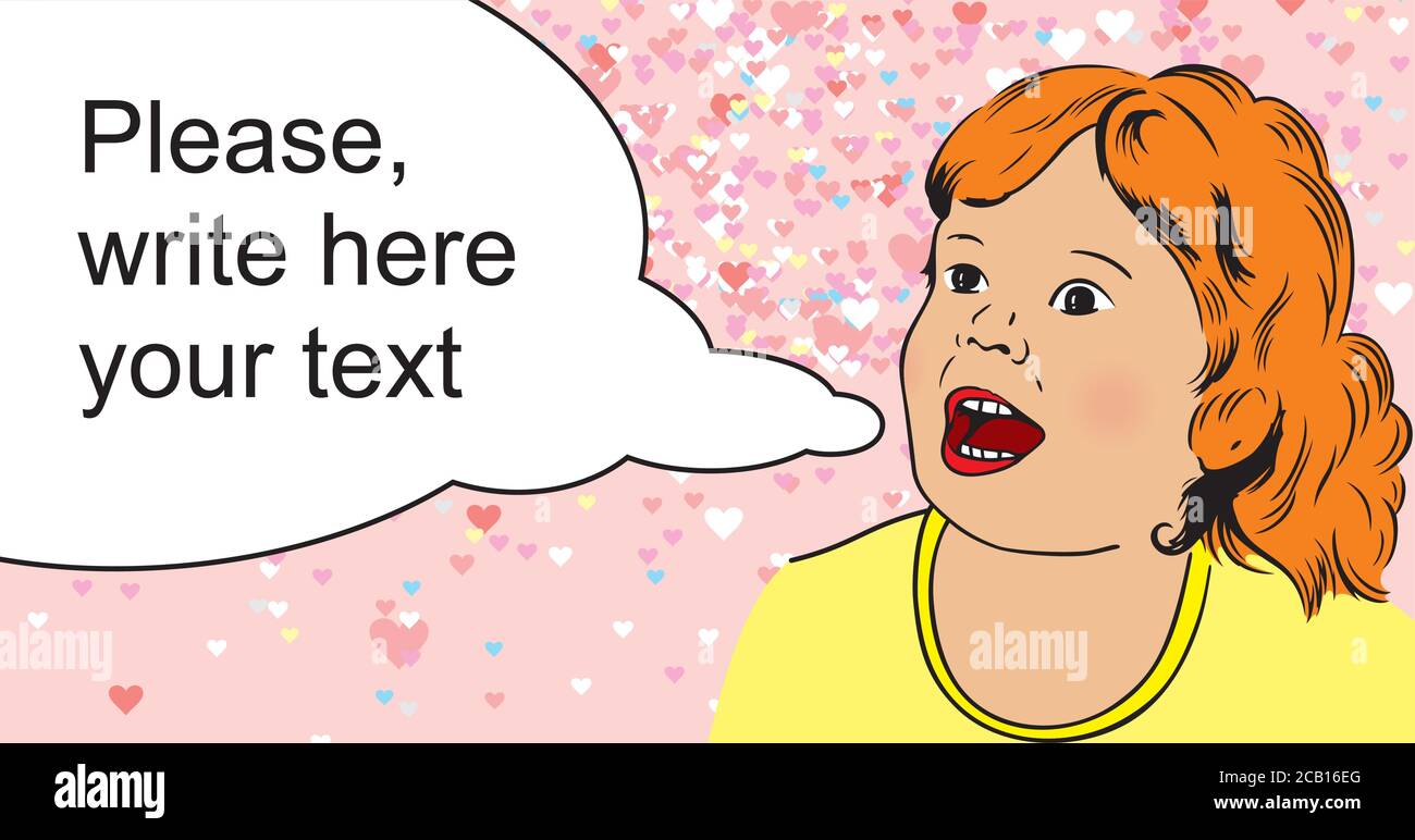 Little girl saying. Girl announcing discount. Shopping time. Special ...