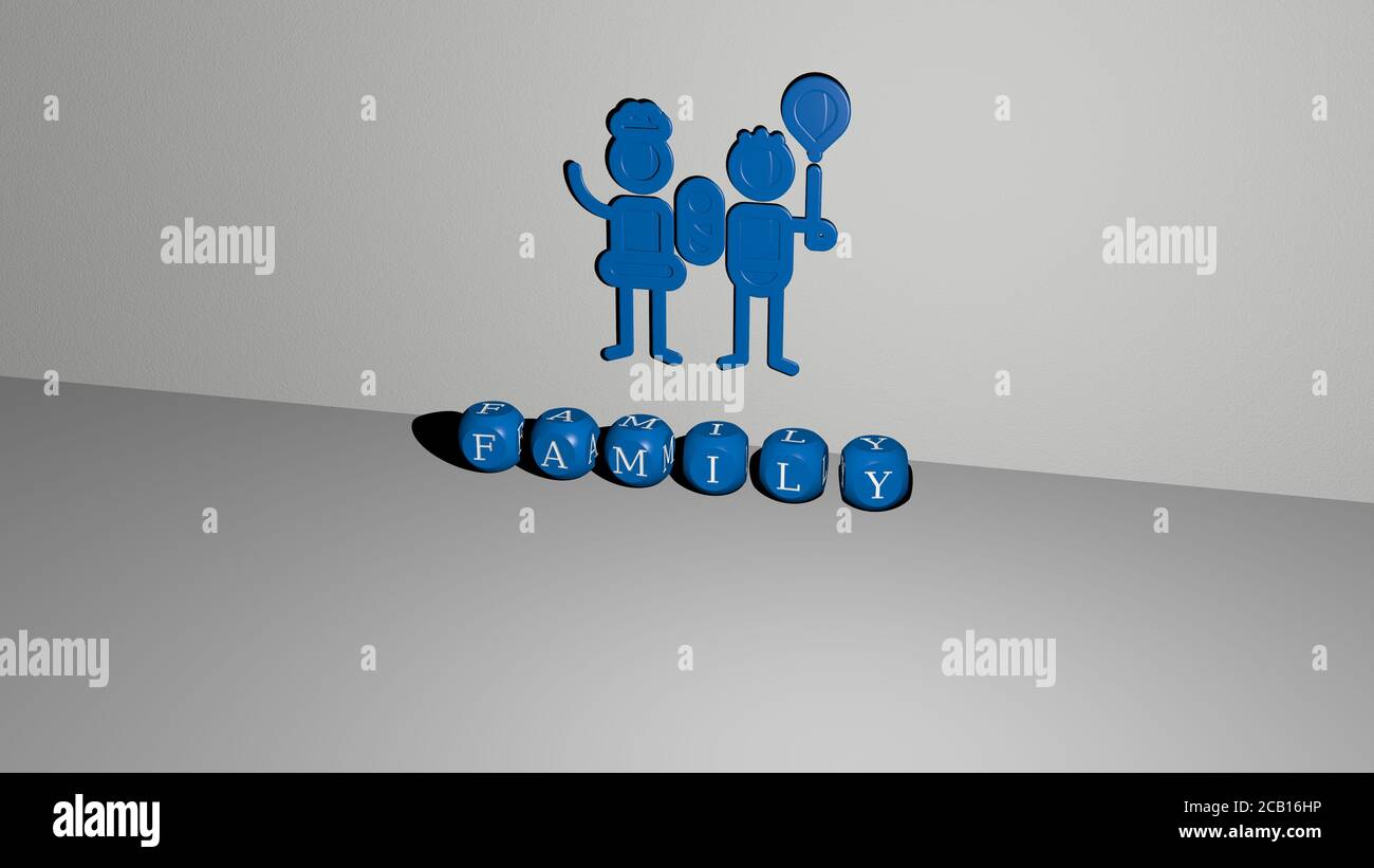 FAMILY 3D icon on the wall and text of cubic alphabets on the floor. 3D ...