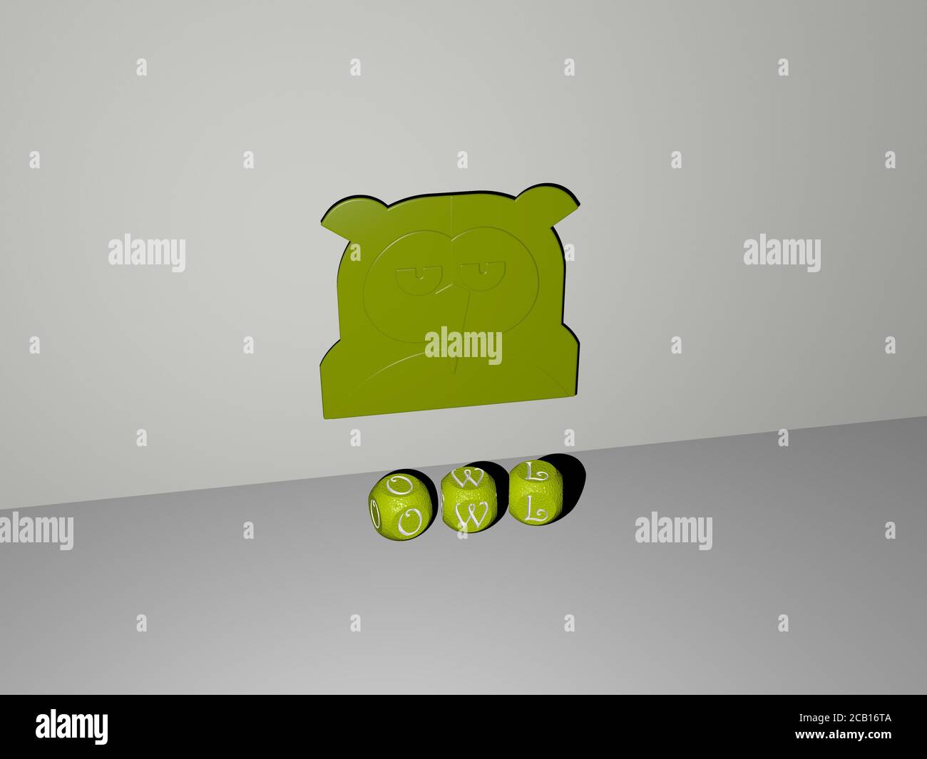 owl 3D icon on the wall and text of cubic alphabets on the floor. 3D ...