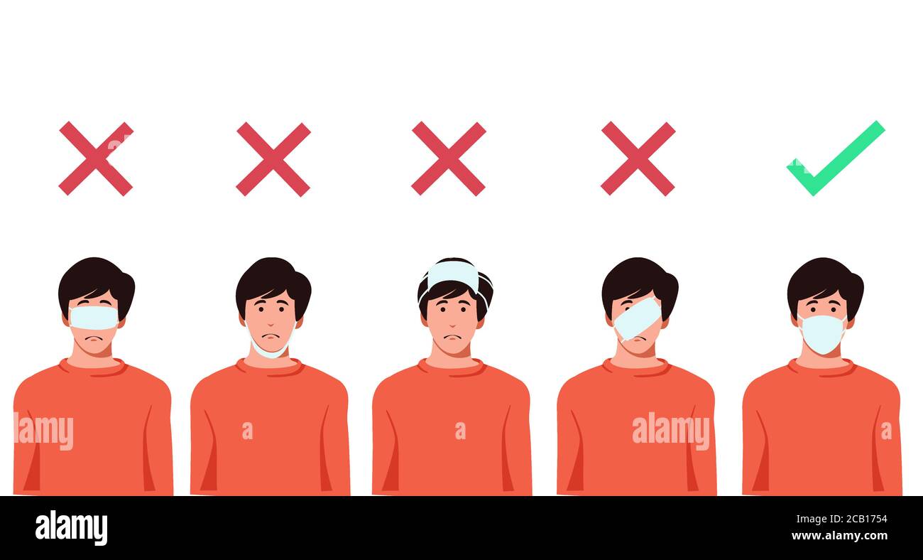 Set of men wearing medical mask in the wrong way with red cross symbol ...