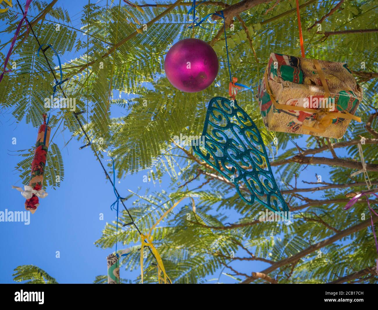 Summer Christmas trees. Tropical palm trees decorated with colourful ...
