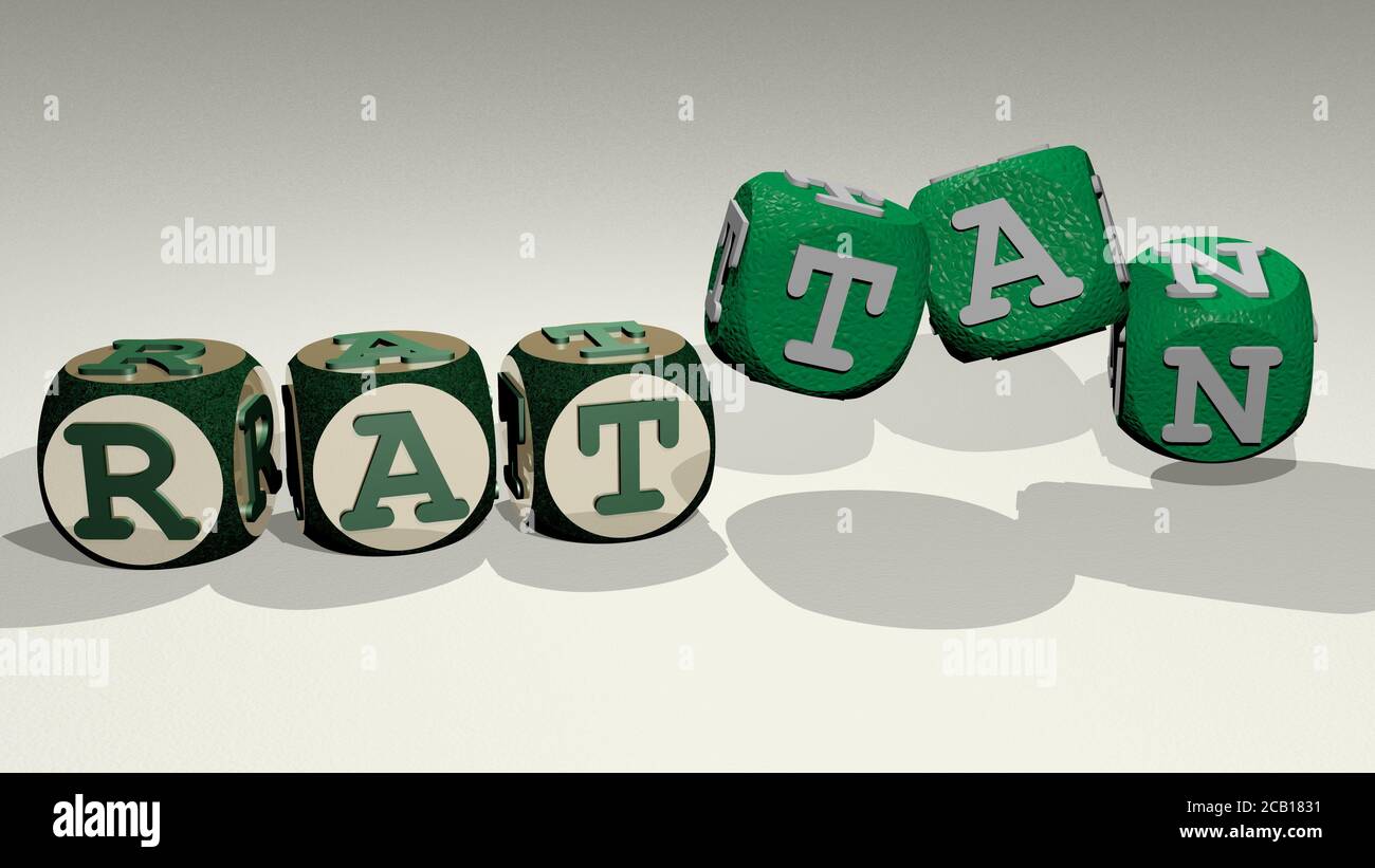 RATTAN text by dancing dice letters. 3D illustration. background and ...