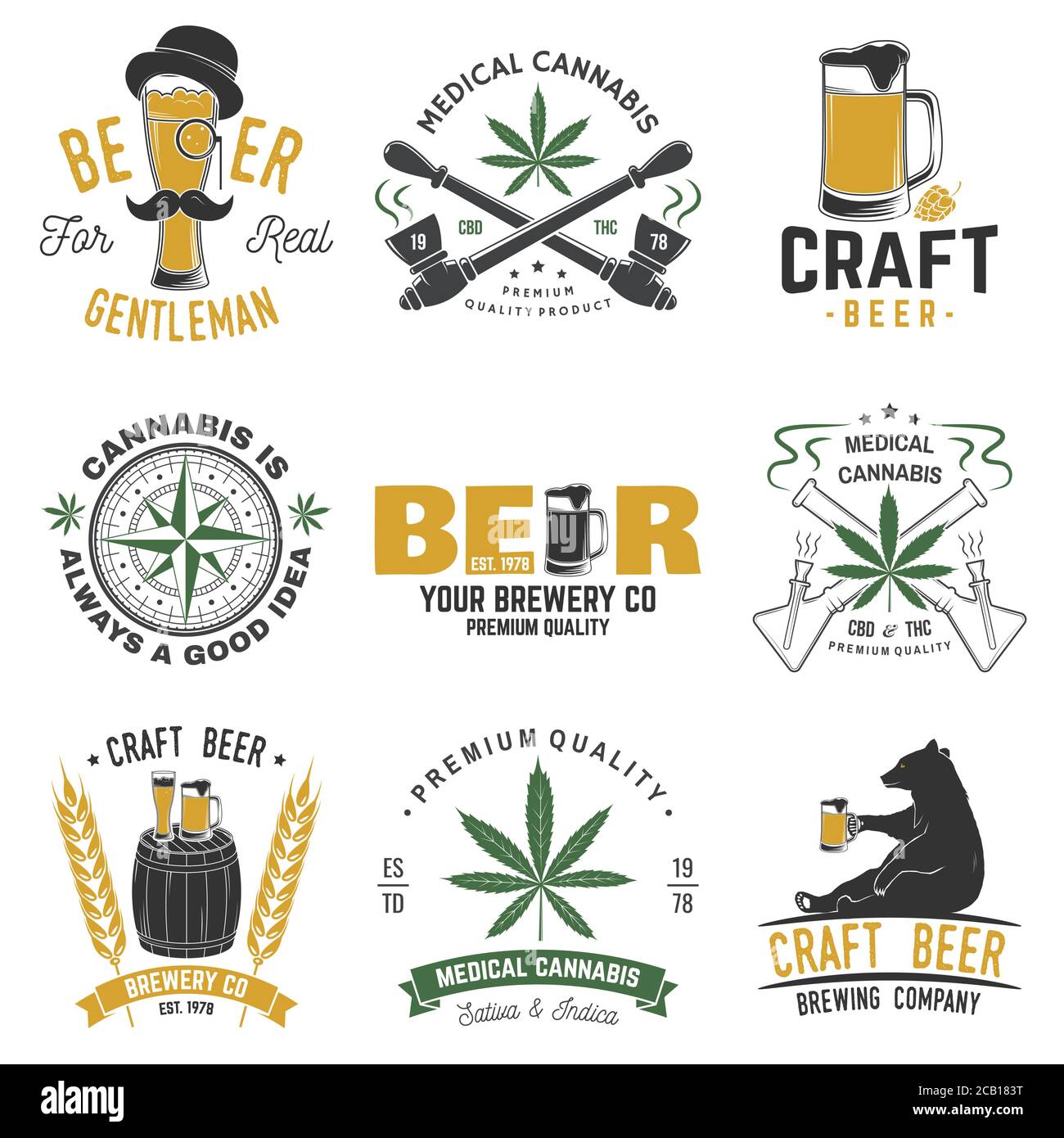 Set of medical cannabis and craft beer badge, label with skull ...
