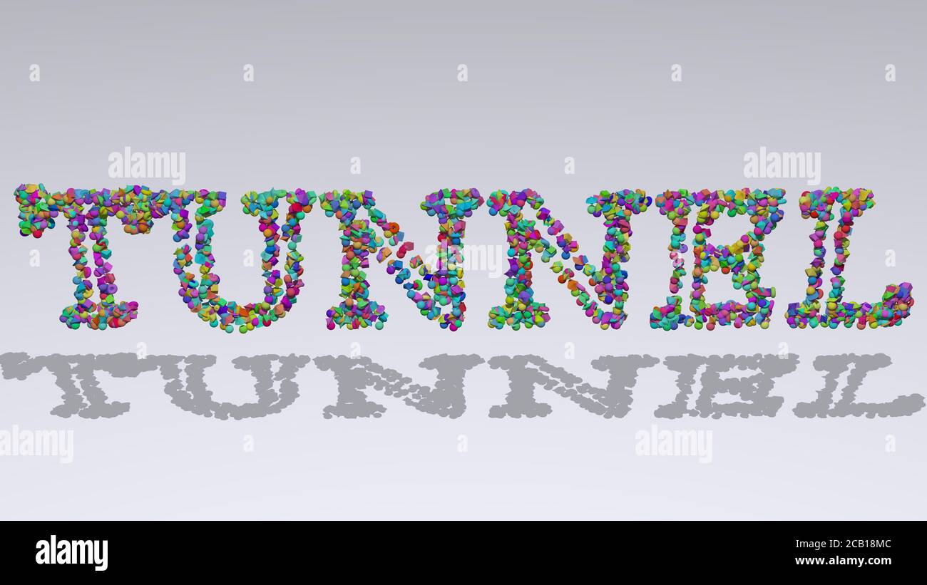 tunnel written in 3D illustration by colorful small objects casting ...