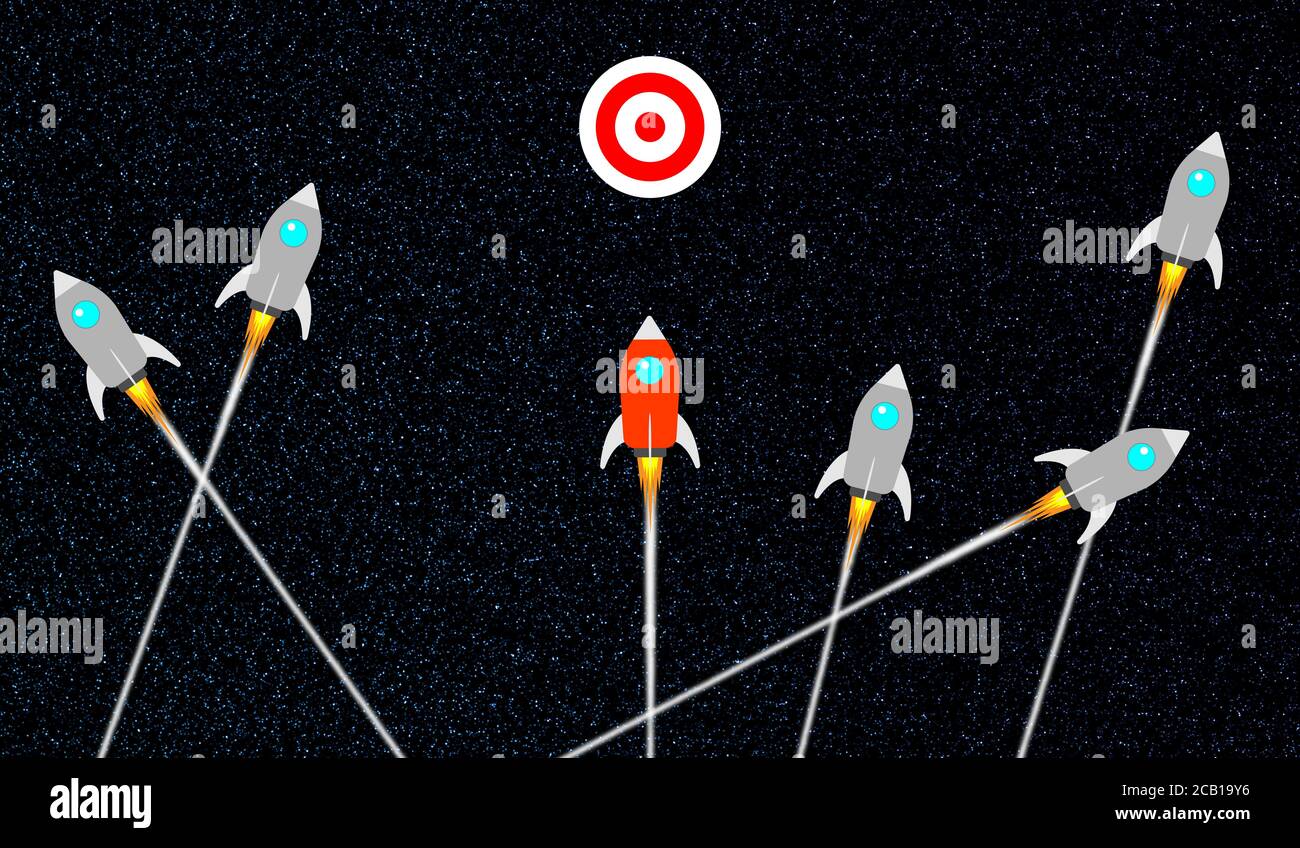 Red rocket heading for a target while the others fly in wrong ...