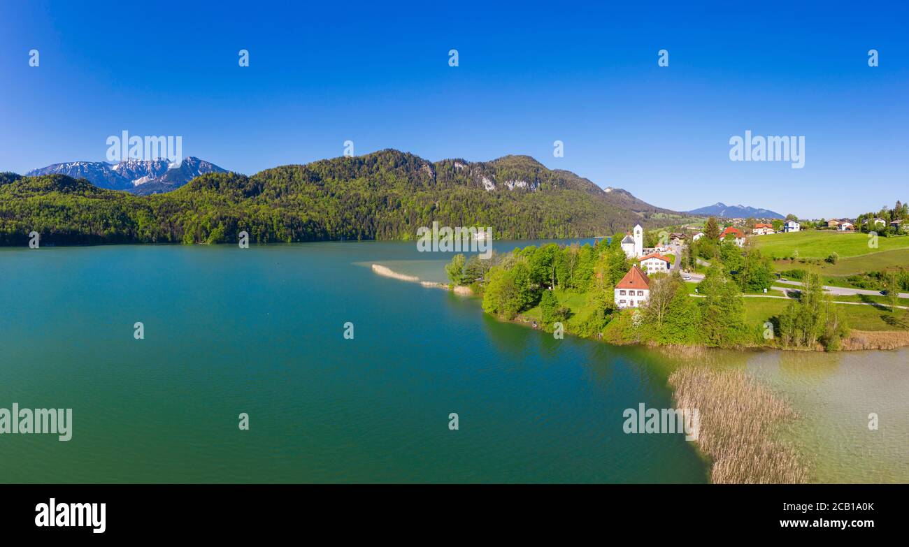 Weissensee with village Weissensee, near Fuessen, drone picture ...