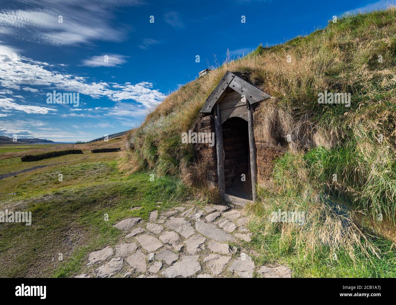 Entrance, replica of Viking longhouse, Eiriksstaoir, Iceland Stock ...
