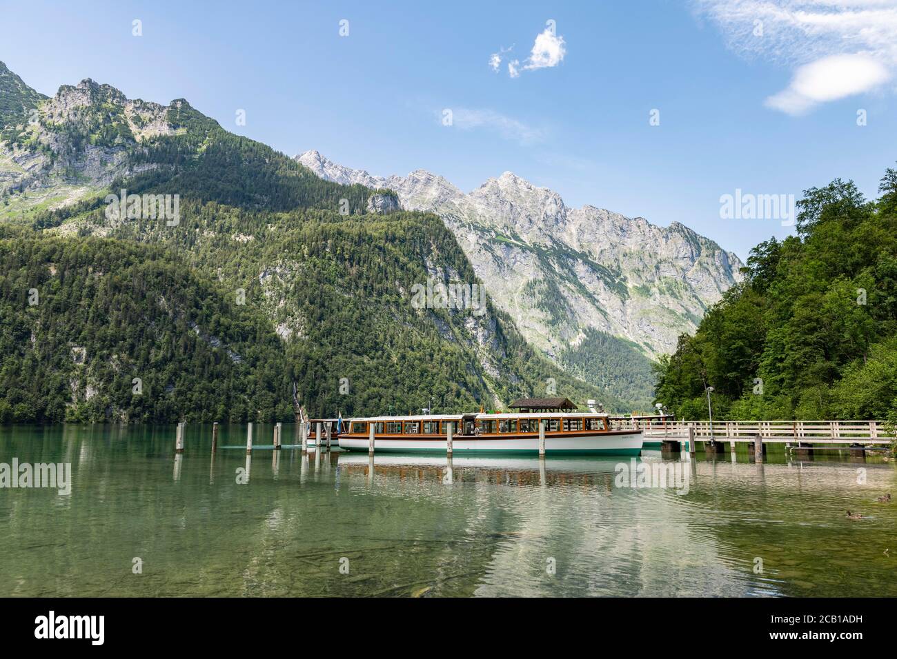 Excursion boat at the Salet landing stage, Koenigssee, Berchtesgaden ...