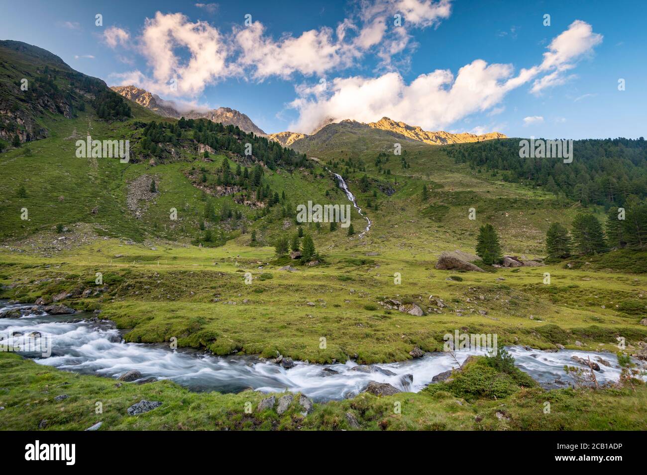 Alpine meadow landscape with Debantbach, Debanttal, Hohe Tauern ...