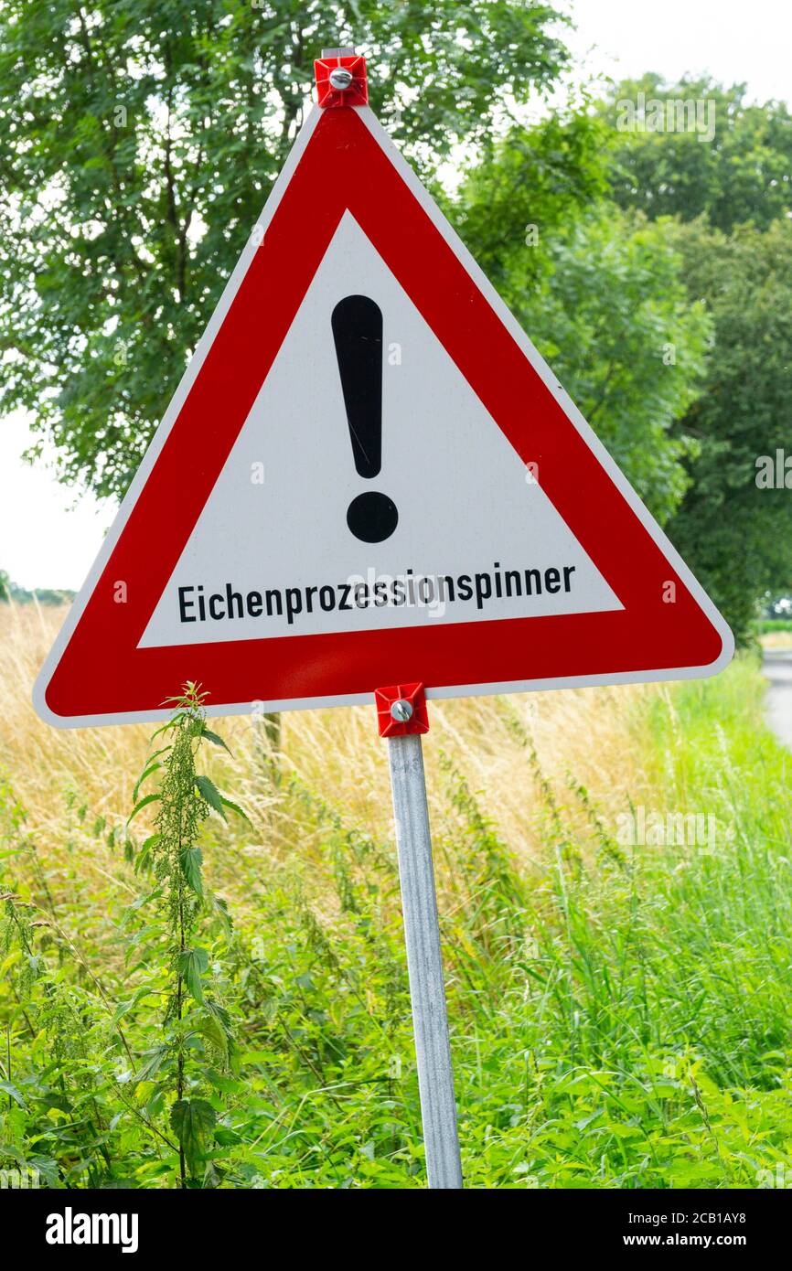 Traffic sign, danger zone, oak processionary moth, Kamen, North Rhine ...