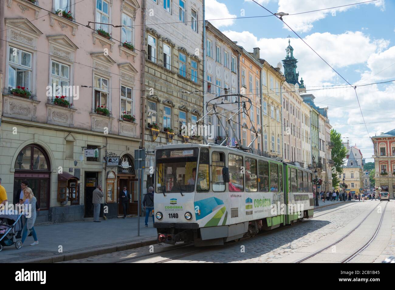 Lviv, Ukraine - Electronic tram at Old City in Lviv, Ukraine. Lviv is ...