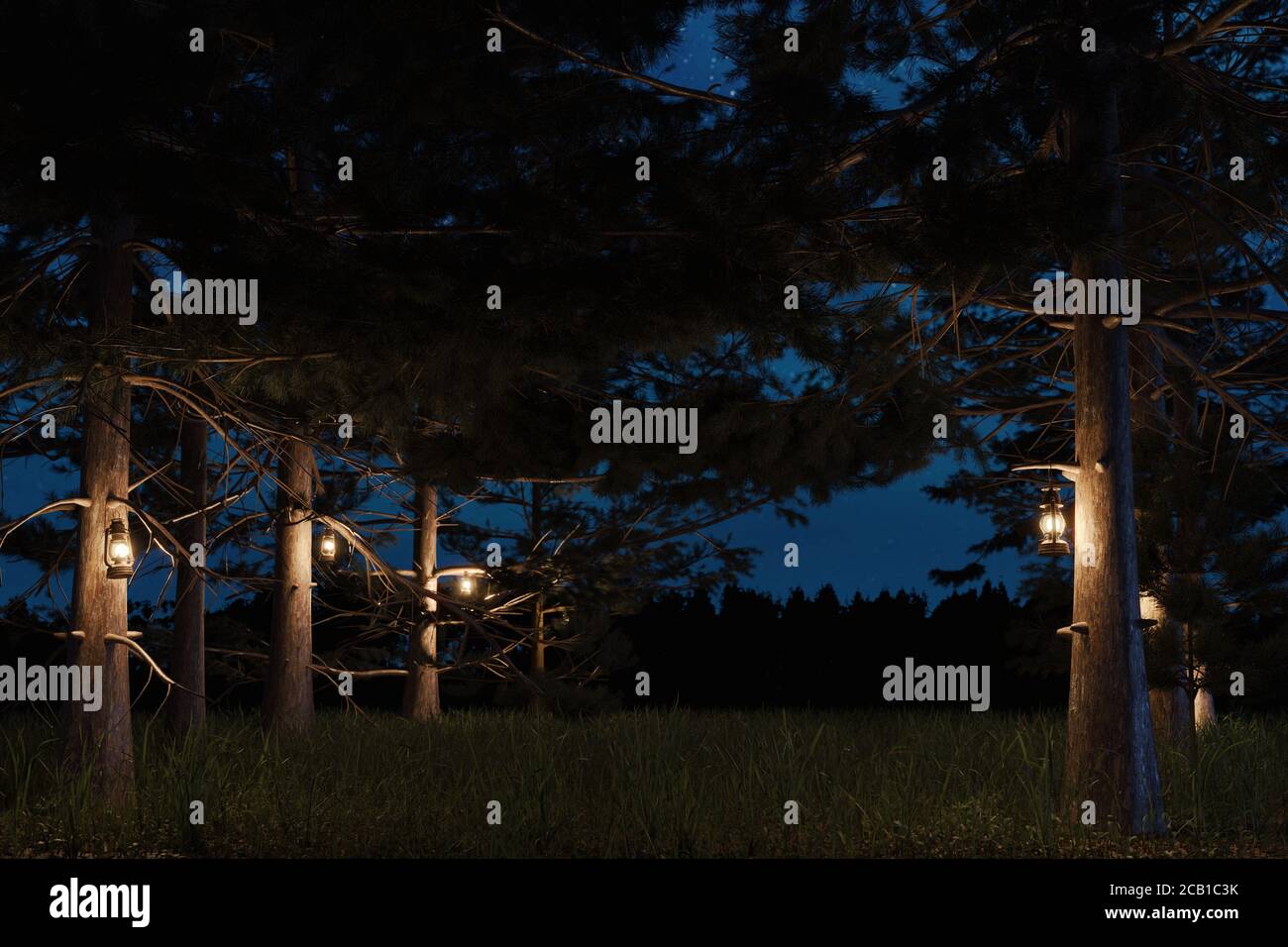 3d rendering of forest at night with hanging lighten storm lantern ...