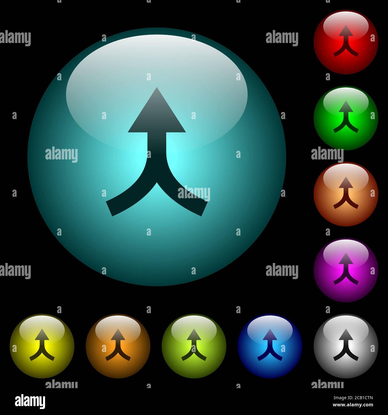 Merge Arrows Up Icons In Color Illuminated Spherical Glass Buttons On