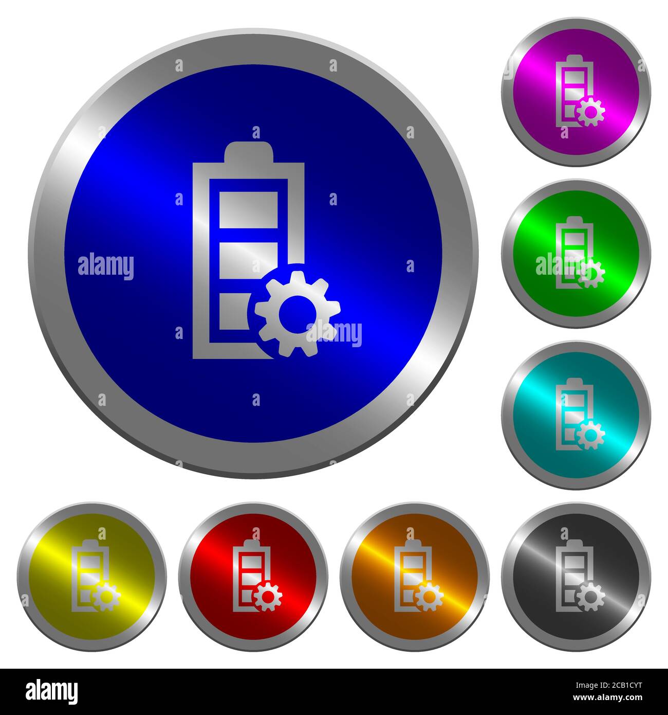 Power management icons on round luminous coin-like color steel buttons ...