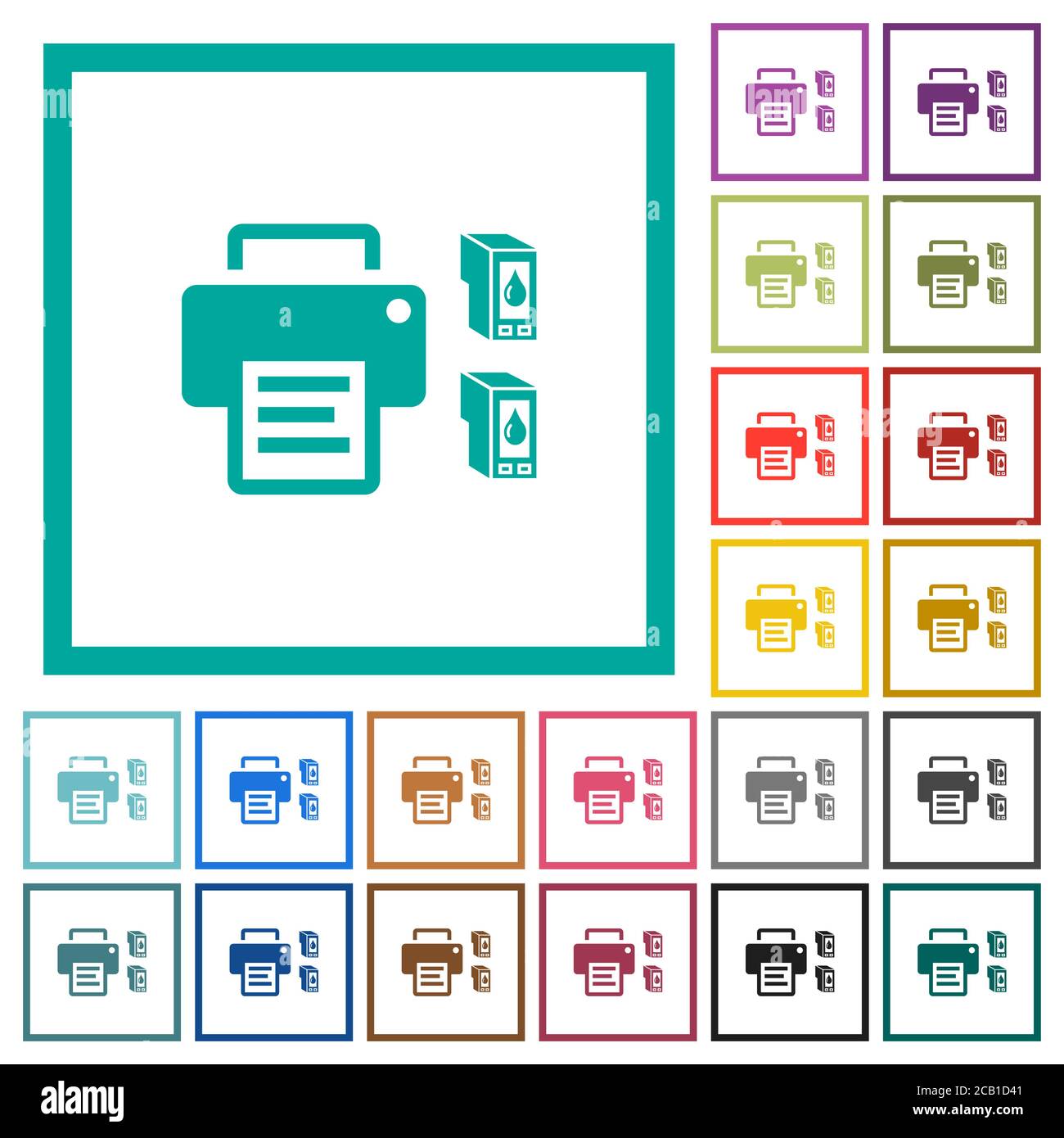 Printer and ink cartridges flat color icons with quadrant frames on ...