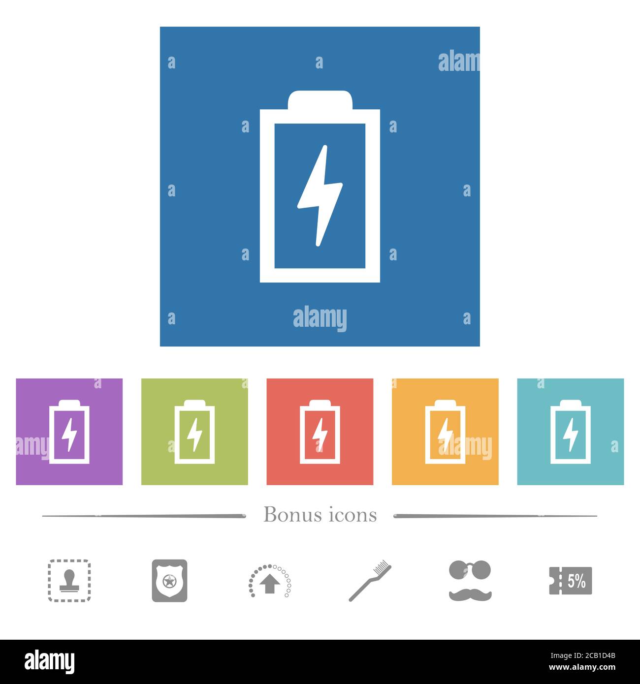 Battery with energy symbol flat white icons in square backgrounds. 6 ...