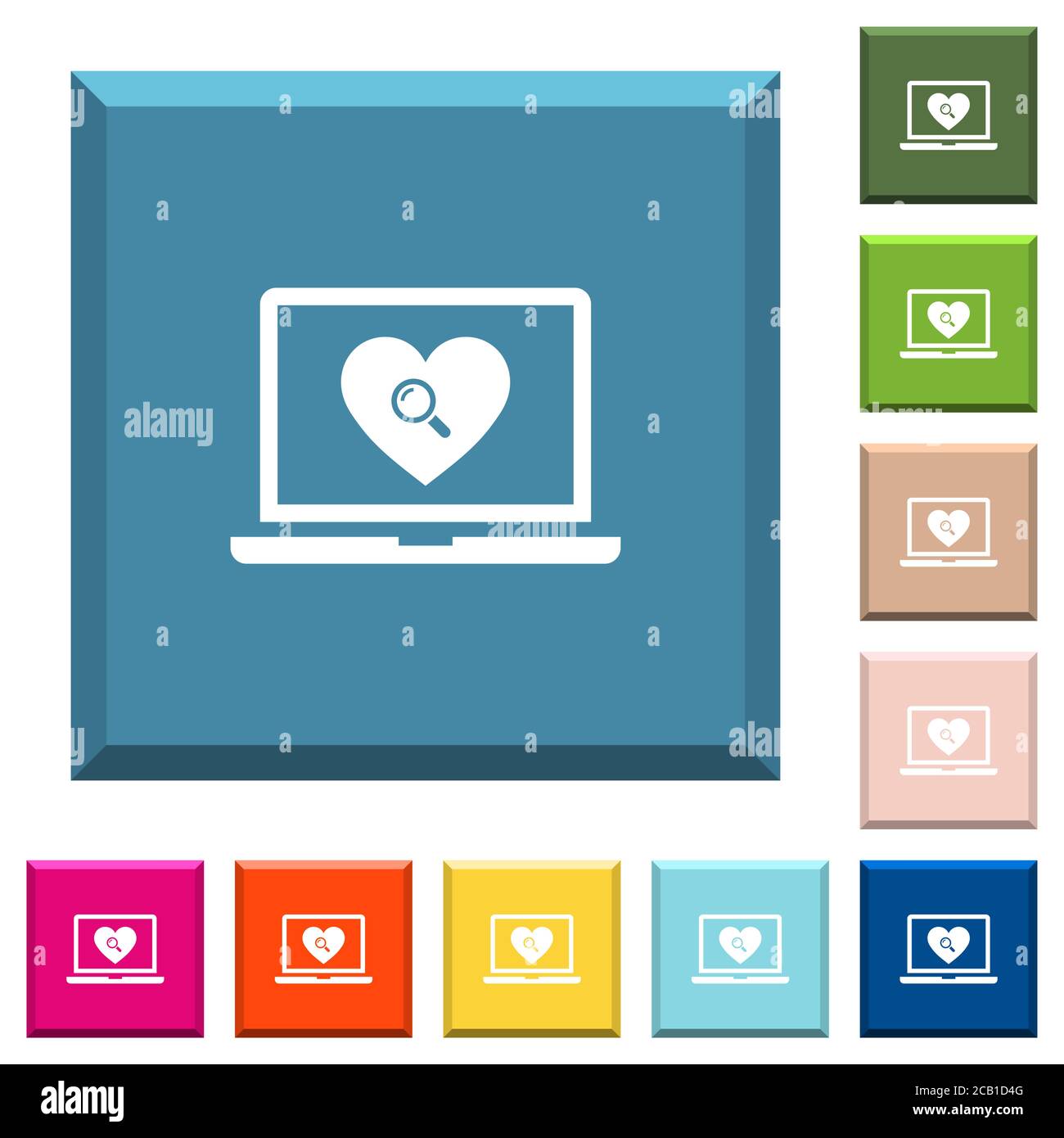 Online Dating on laptop white icons on edged square buttons in various ...