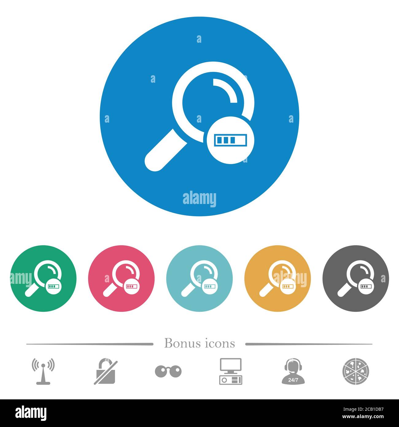 Search in progress flat white icons on round color backgrounds. 6 bonus ...