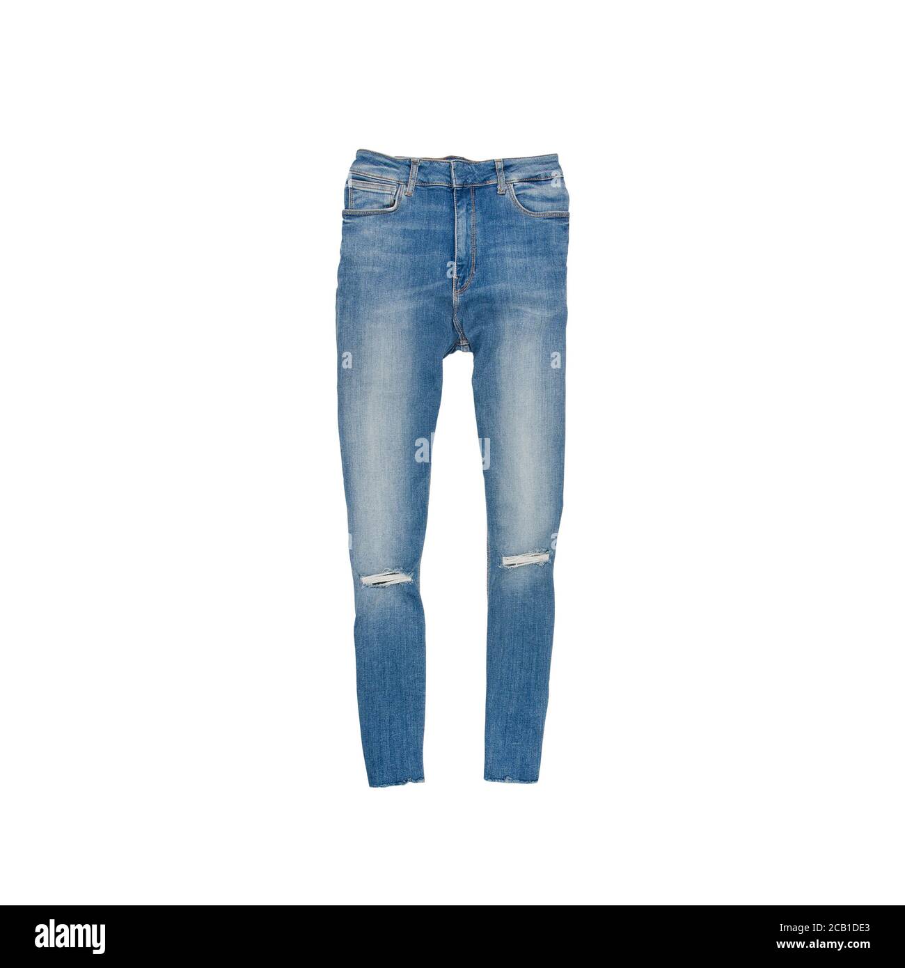 Blue ragged jeans. Fashionable concept. Isolated. White background ...