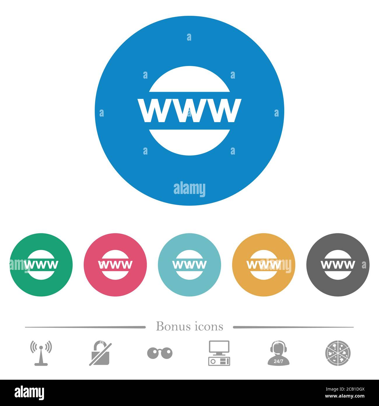 Domain name flat white icons on round color backgrounds. 6 bonus icons ...