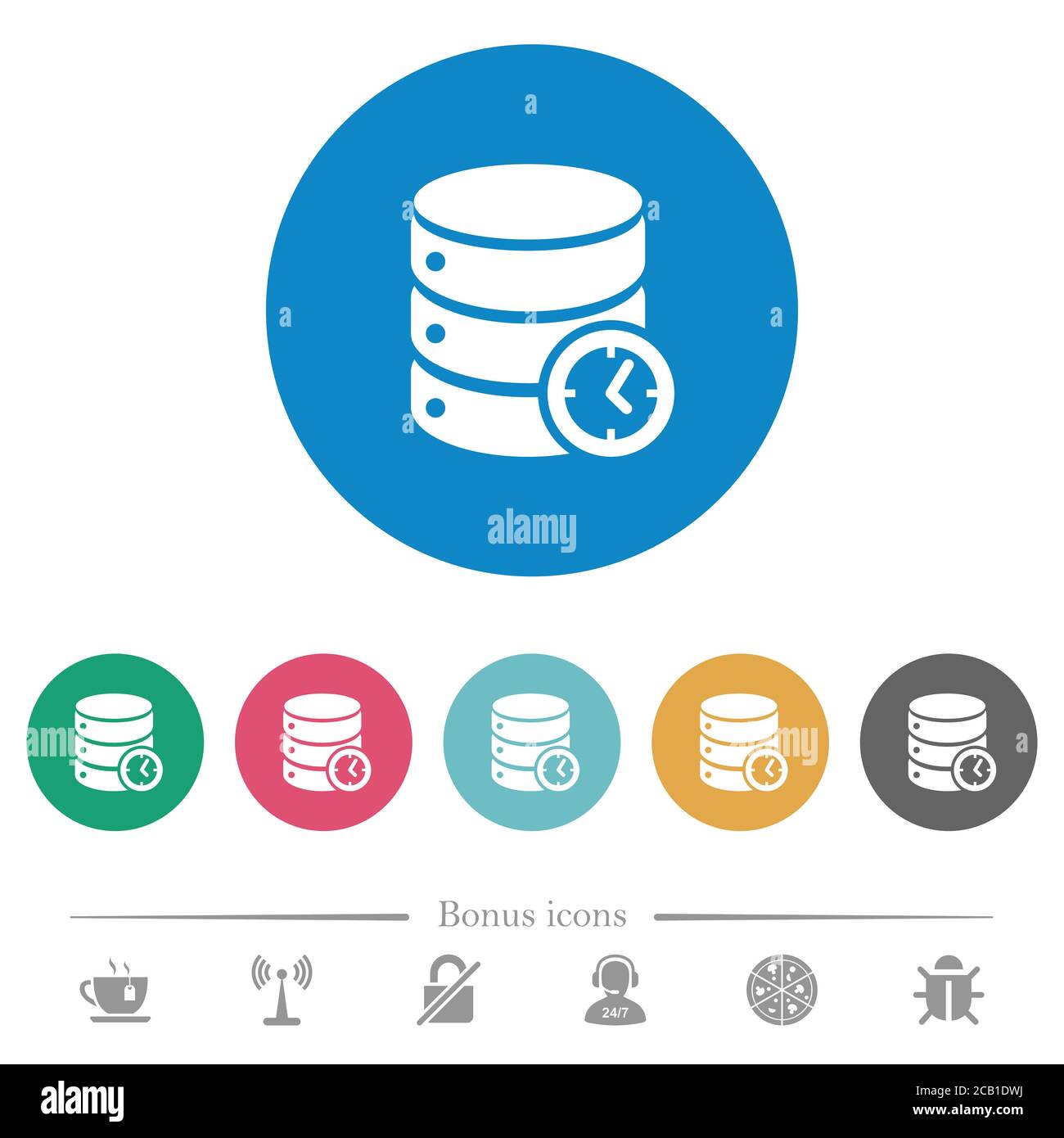 Database timed events flat white icons on round color backgrounds. 6 ...